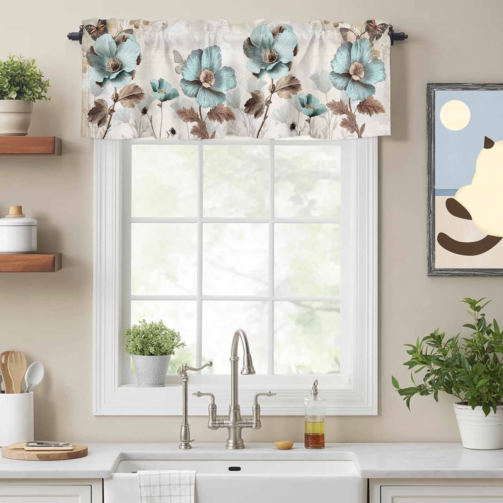 Curtain Valance for Windows, Broccoli Floral Butterfly on Retro Letter ...