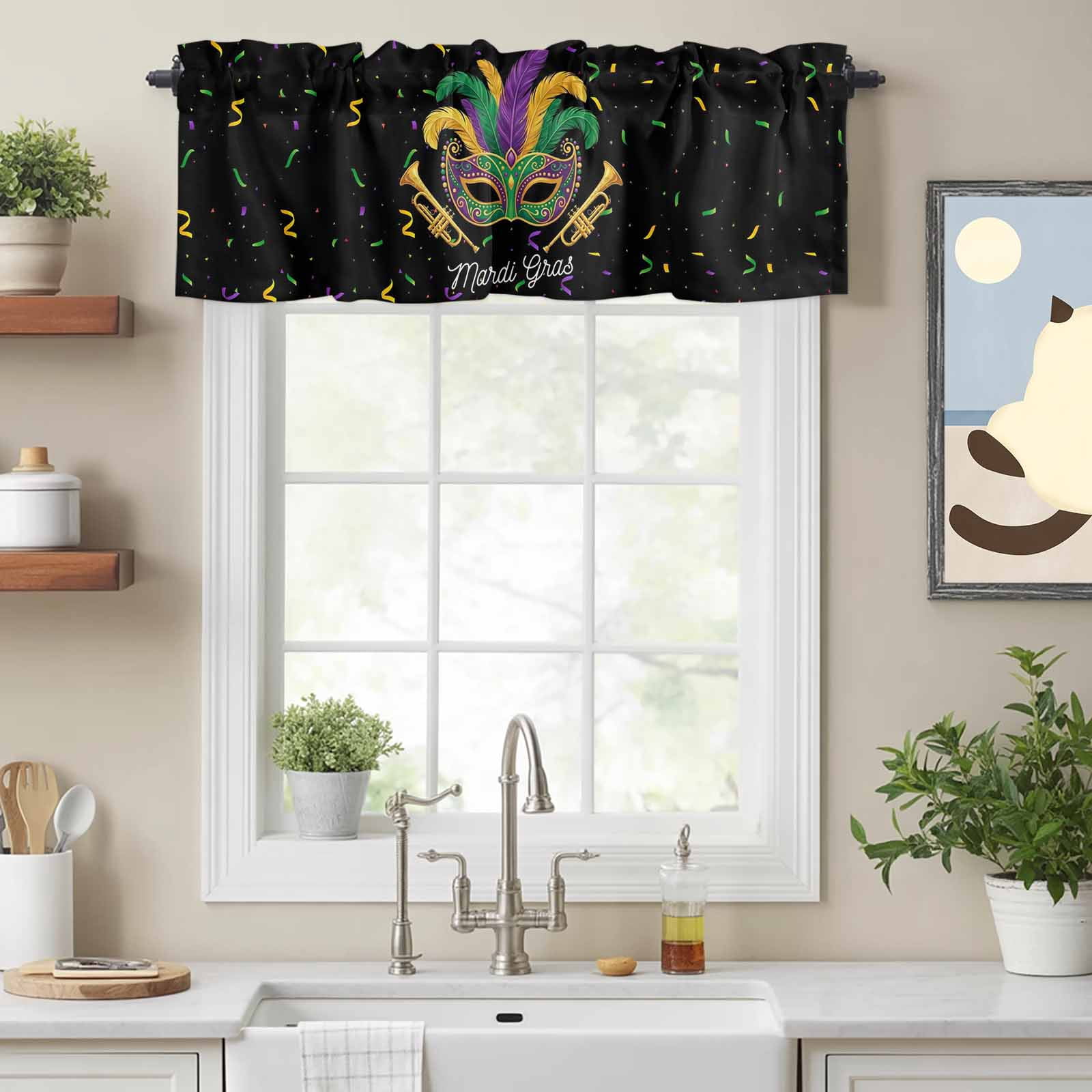 Curtain Valance for Windows, Carnival Mask Feather Trumpet Kitchen ...