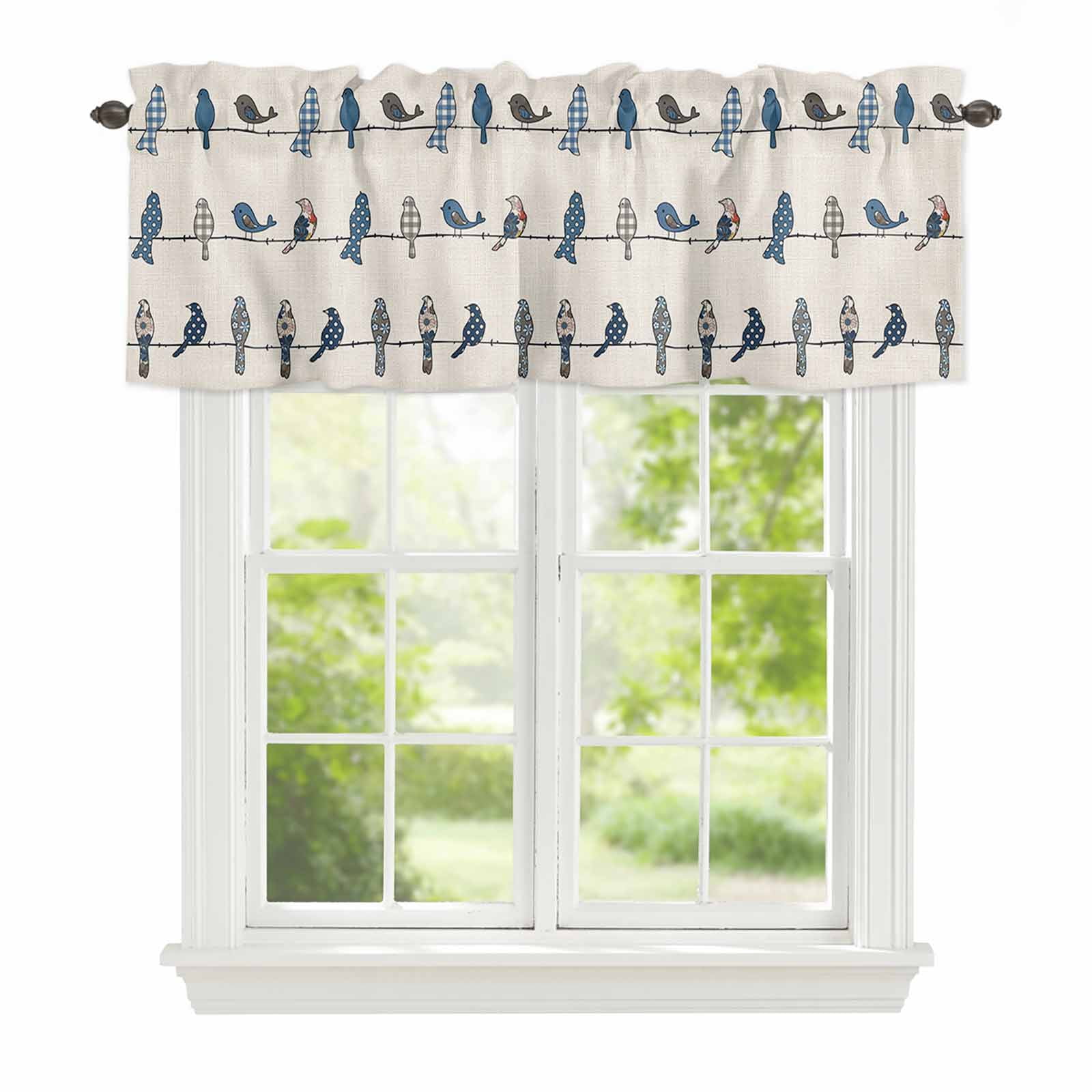Curtain Valance for Windows, Cartoon Blue Grey Bird on Linen Cotton ...