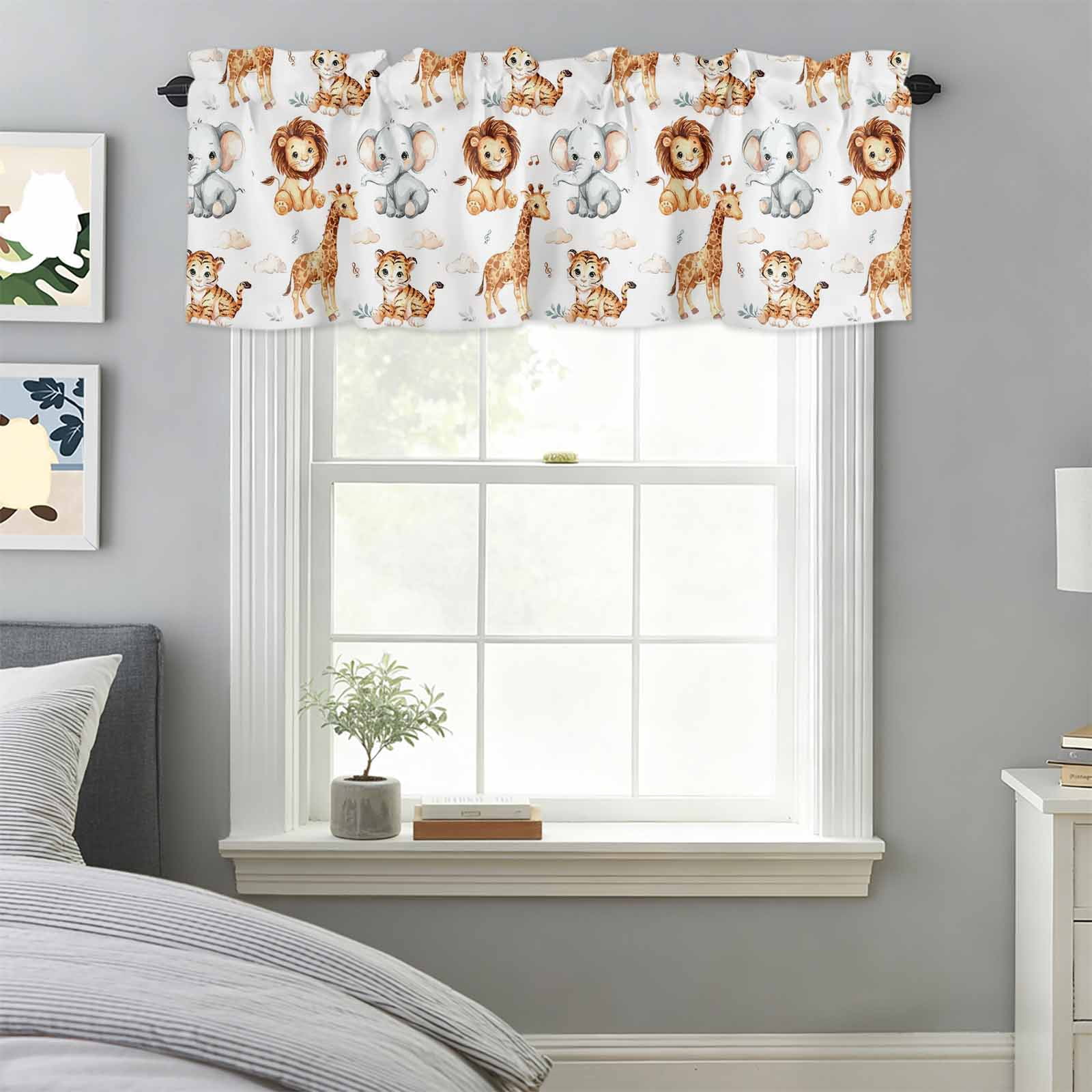 Curtain Valance for Windows, Cartoon Lion Giraffe Elephant Tiger ...