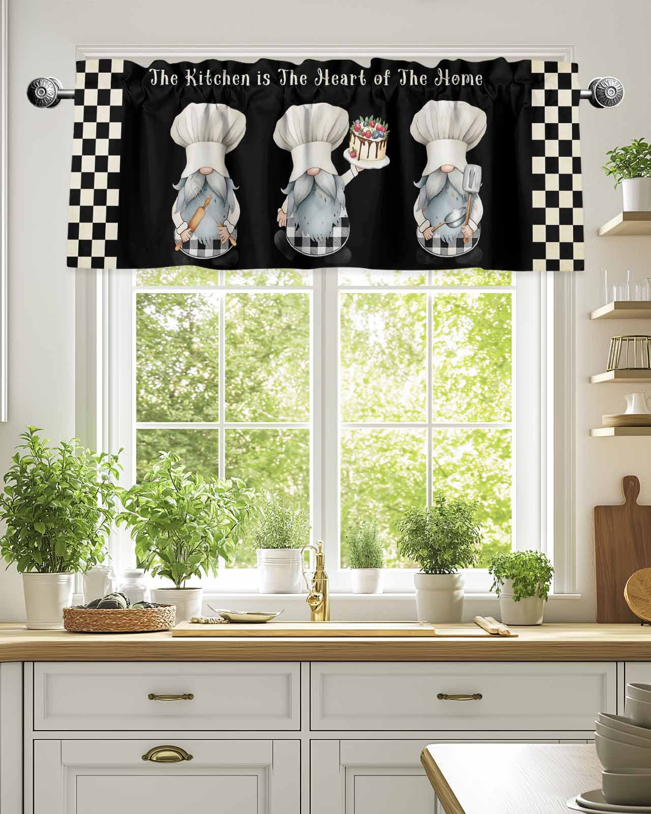 Curtain Valance for Windows,Chef Gnome Cake Black Buffalo Check Kitchen ...