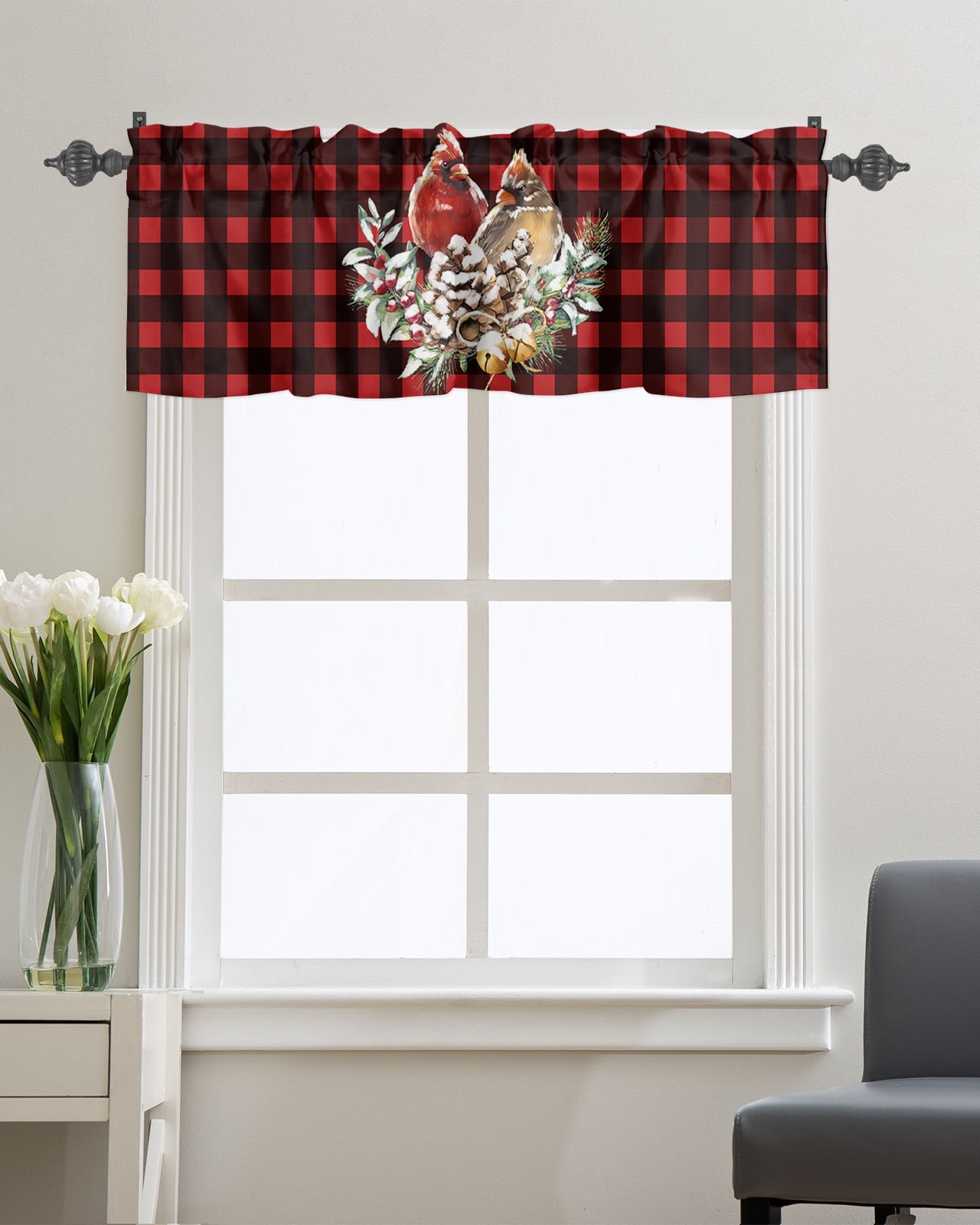 Curtain Valance for Windows Christmas Cardinal Pine Cones Berry Kitchen ...