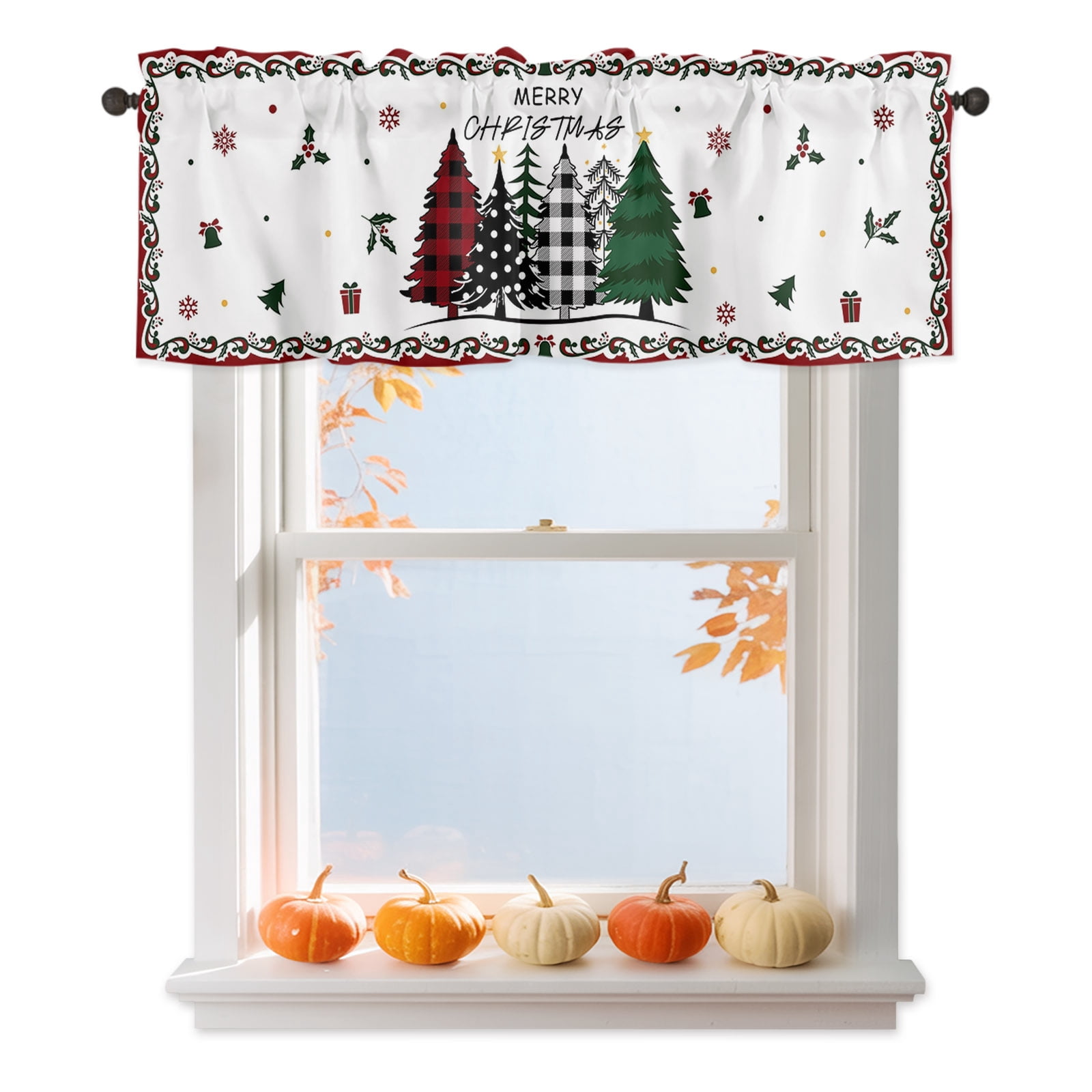 Curtain Valance for Windows, Christmas Grid Dot Xmas Tree Kitchen ...