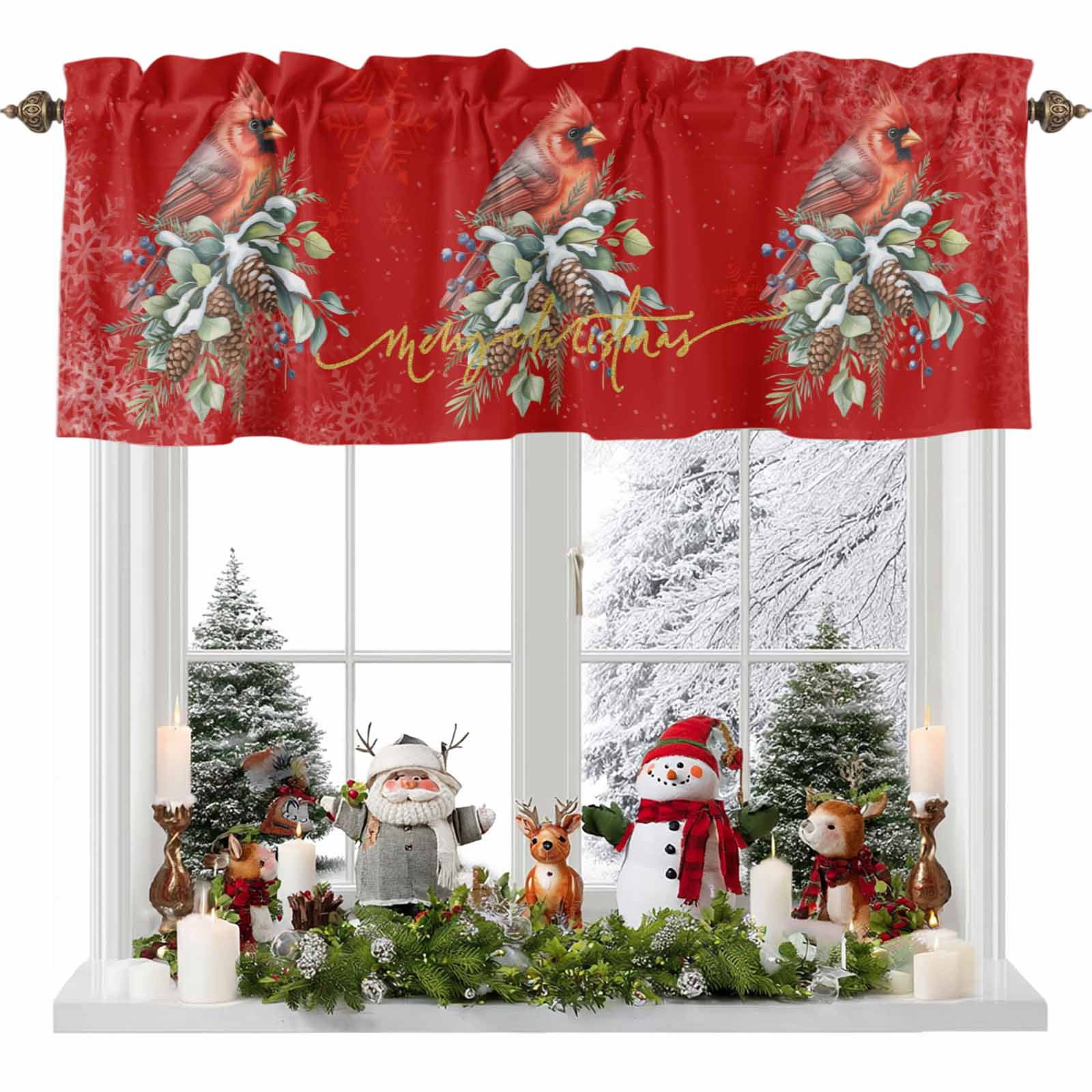 Curtain Valance for Windows,Christmas Pine Cone and Cardinal Bird ...