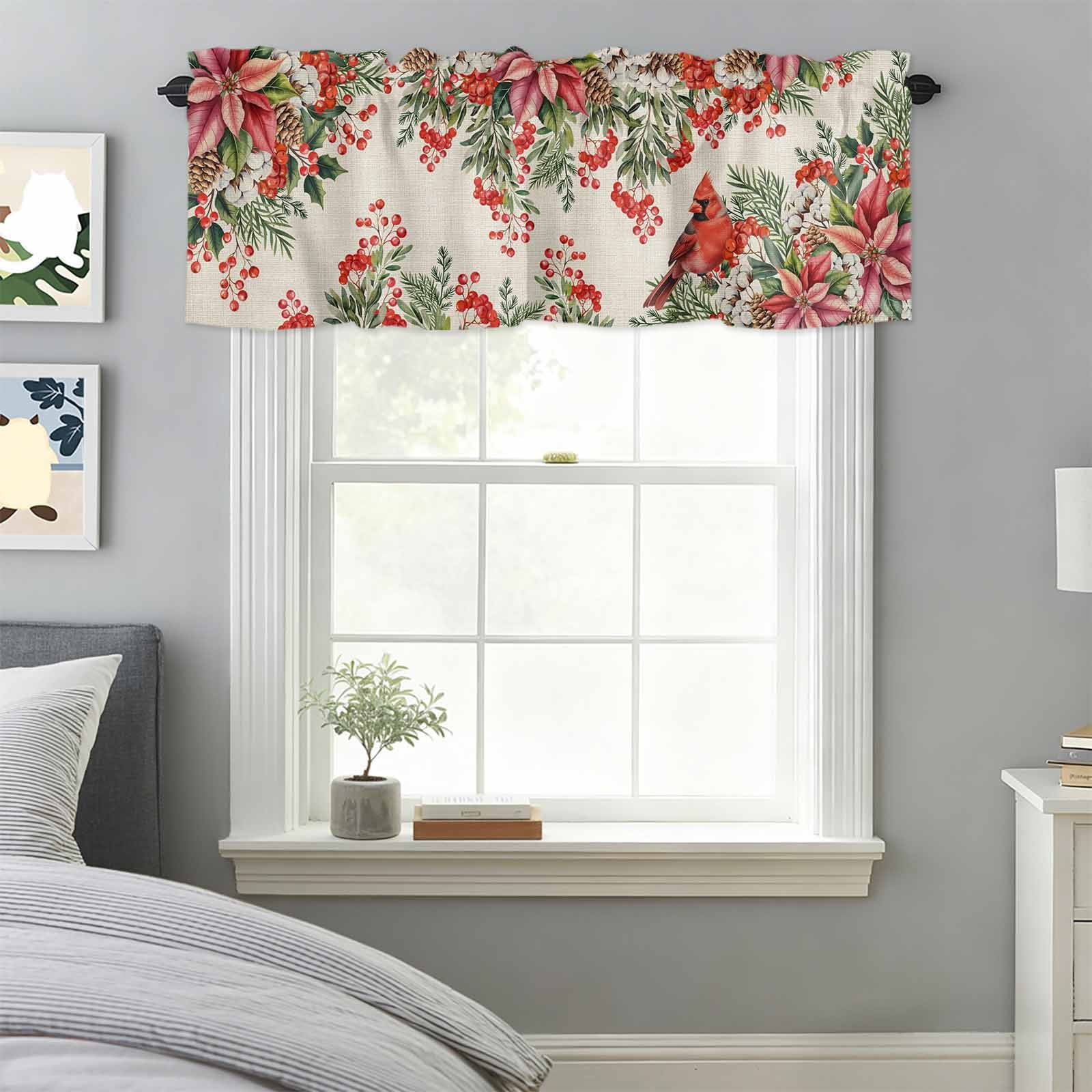 Curtain Valance for Windows, Christmas Red Flower Bird Berry Kitchen ...