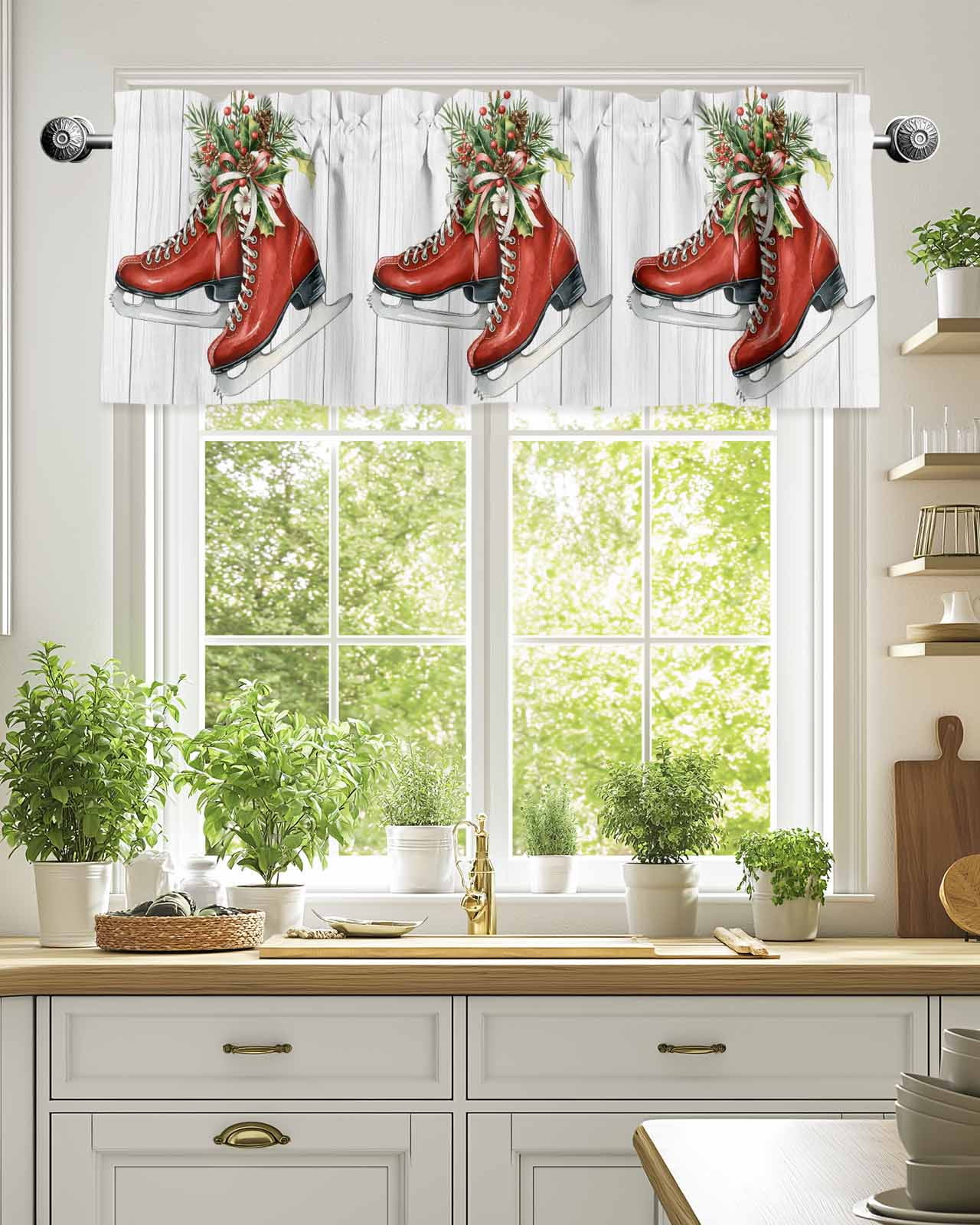 Curtain Valance for Windows,Christmas Red Ice Shoes Pine Needles ...
