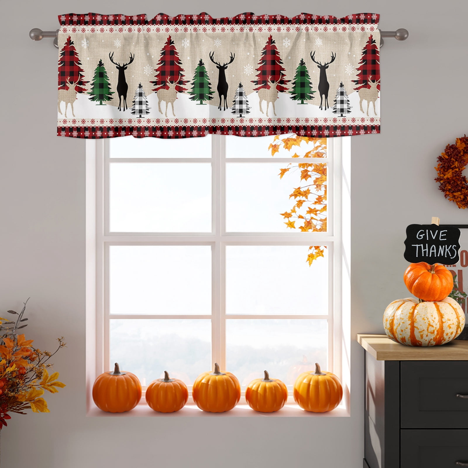 Curtain Valance for Windows, Christmas Tree Elk Shadow Winter Snowflake ...