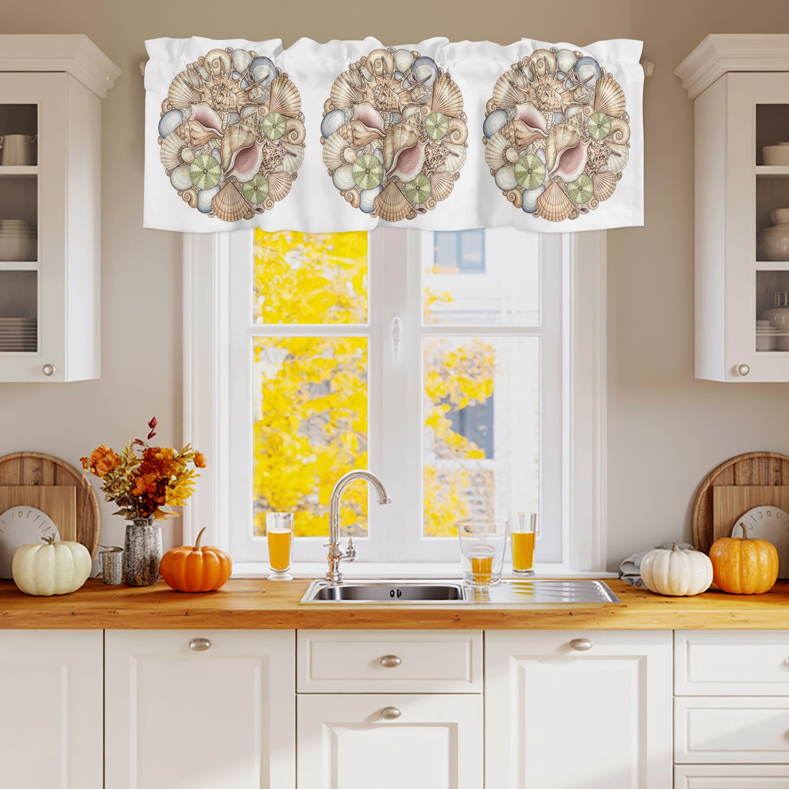 Curtain Valance for Windows, Coastal Colorful Shell Conch Kitchen ...