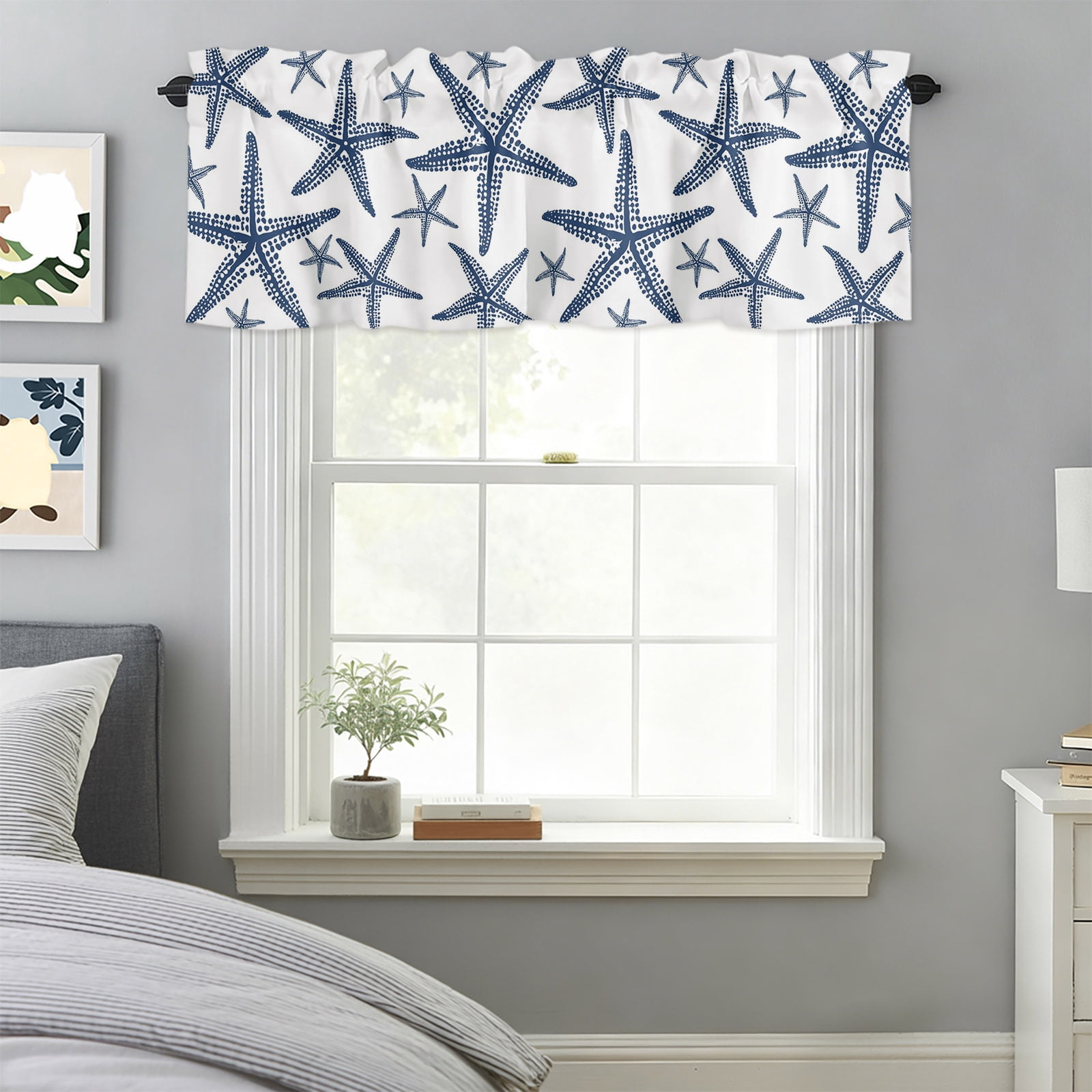 Curtain Valance for Windows, Coastal Navy Blue Ocean Starfish Kitchen ...