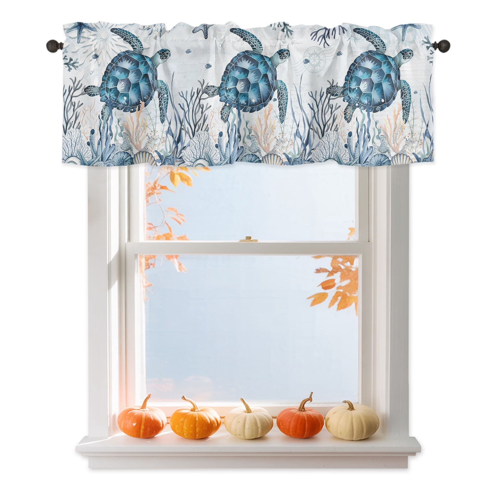 Curtain Valance for Windows, Coastal Ocean Turtle Coral Shell Kitchen ...