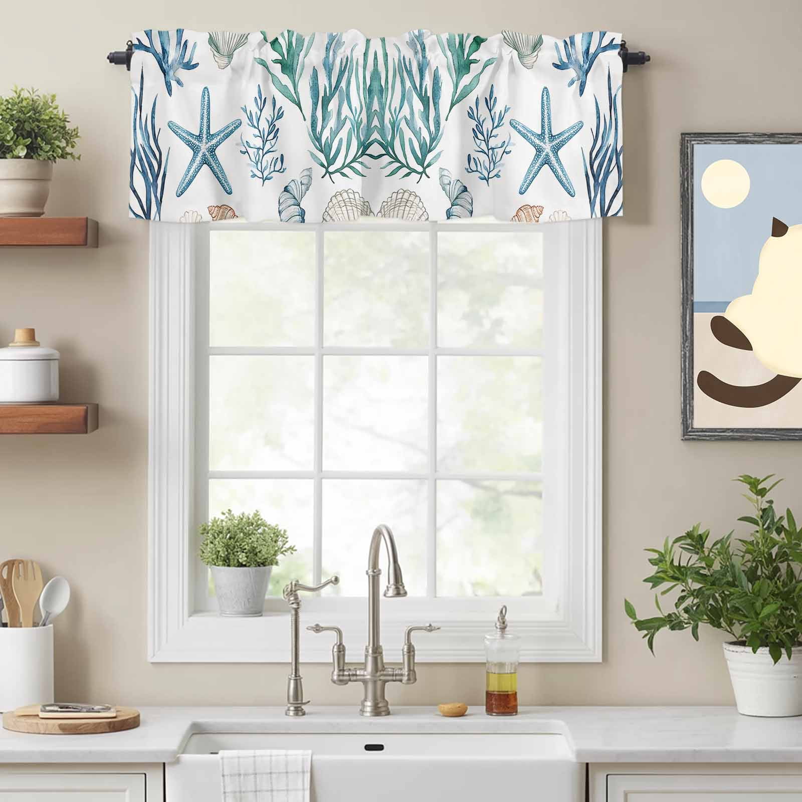 Curtain Valance for Windows, Coastal Watercolor Starfish Shell Kitchen ...