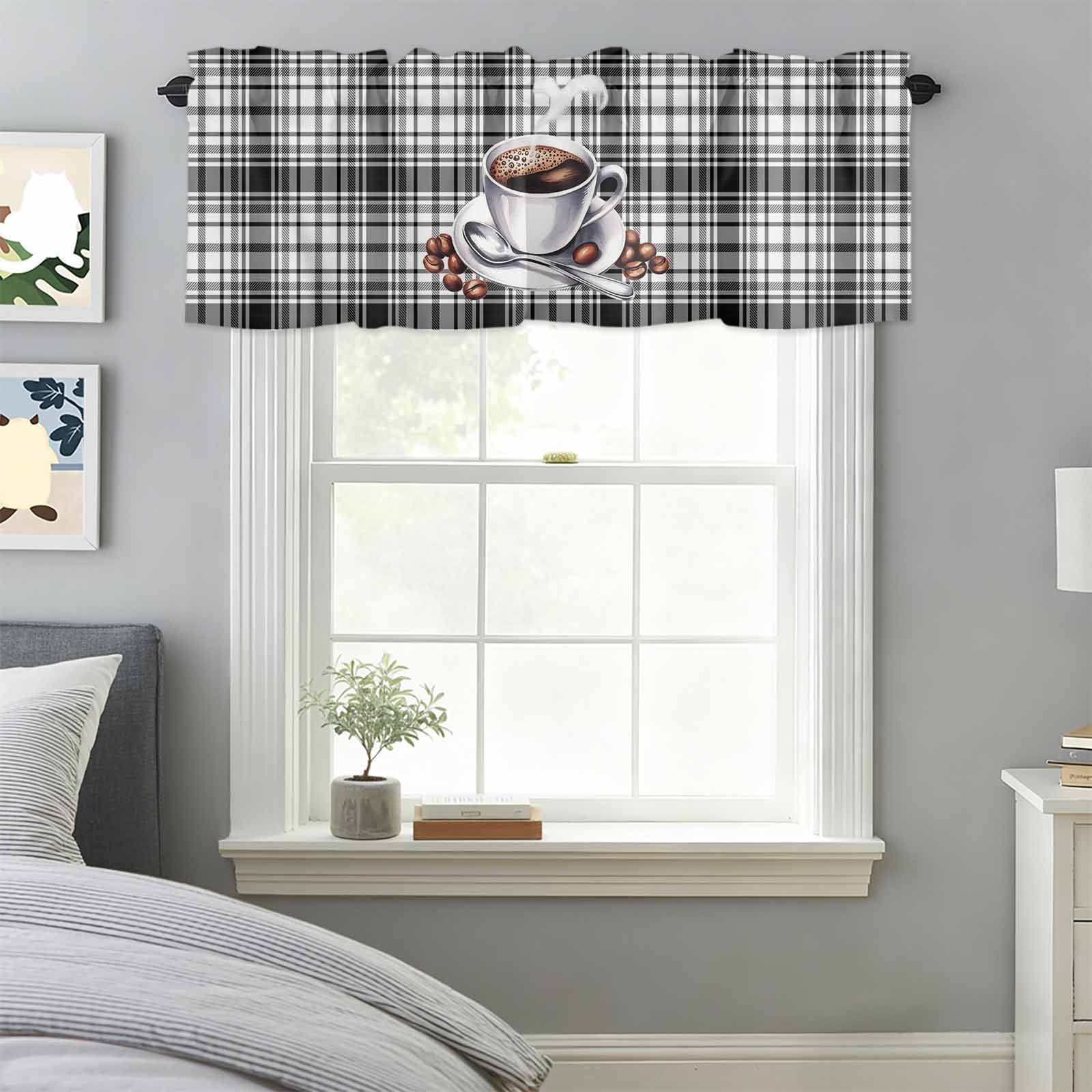 Curtain Valance for Windows, Coffee Beans Cup Black White Buffalo Plaid ...