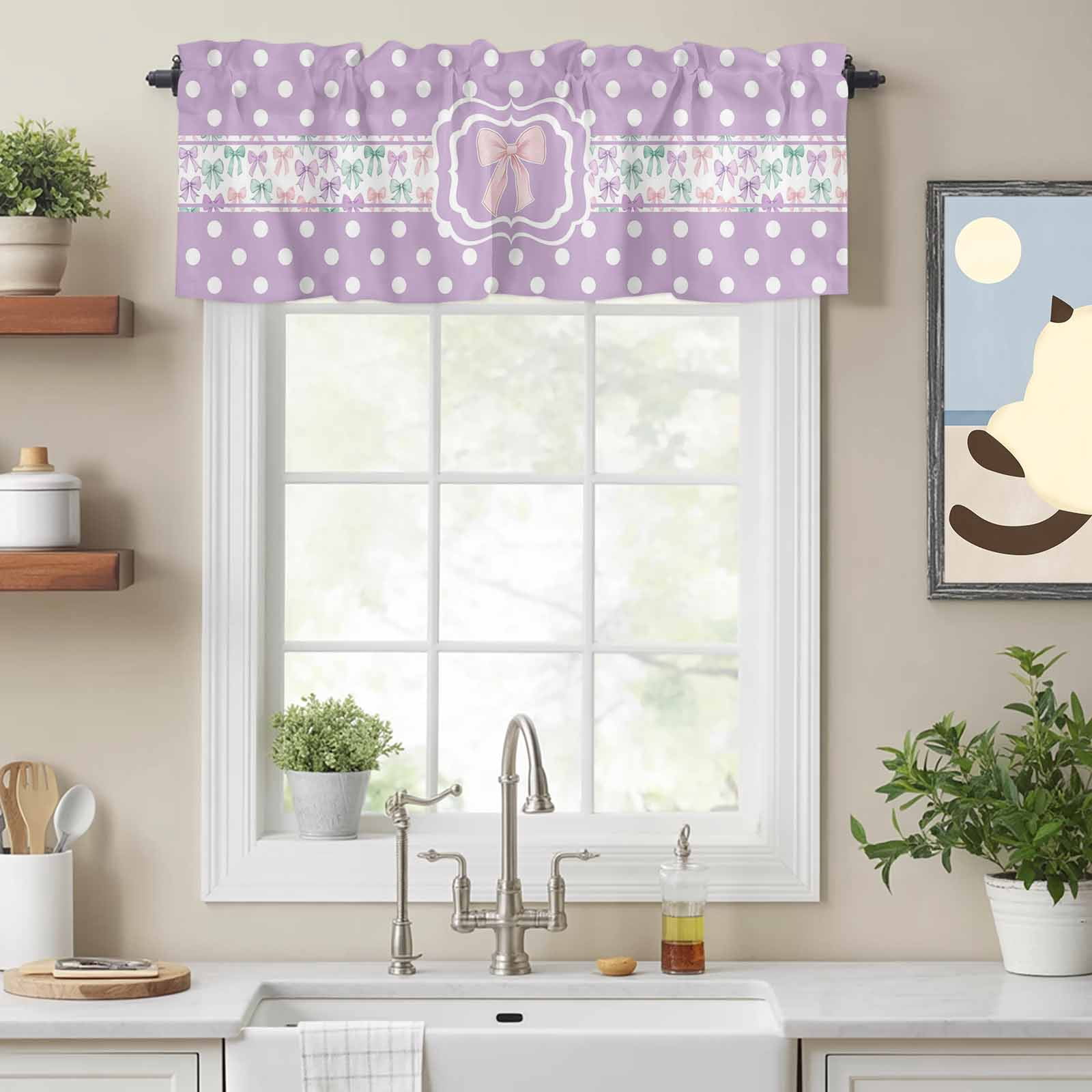 Curtain Valance for Windows, Colorful Bow White Dots on Purple Kitchen ...