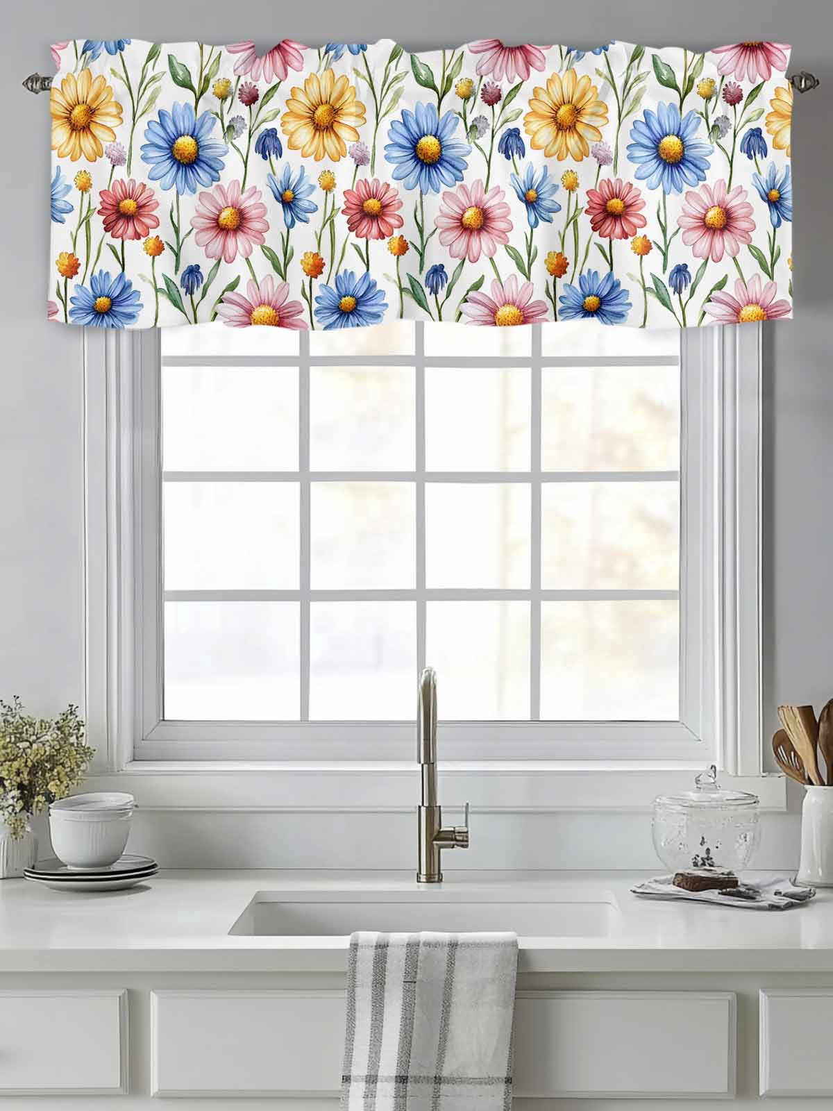 Curtain Valance for Windows,Colorful Daisy Spring Pink Flower Kitchen ...