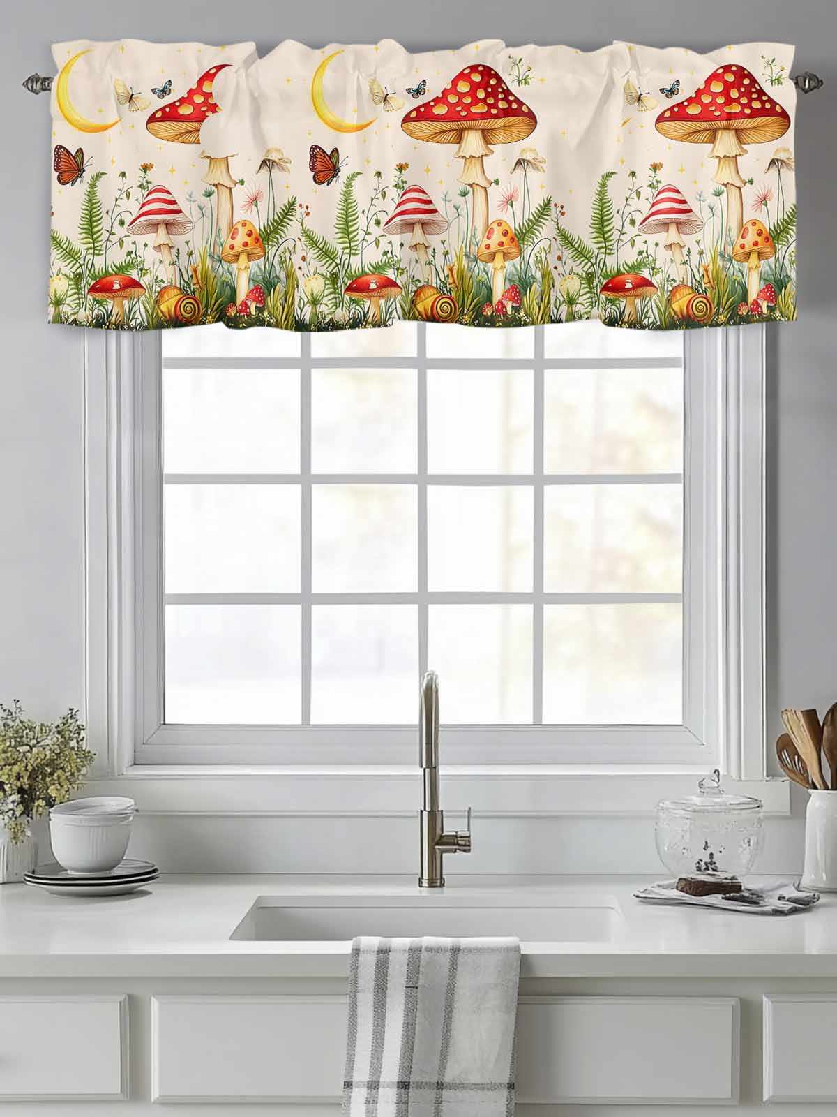 Curtain Valance for Windows,Country Mushroom Green Leaves Butterfly ...