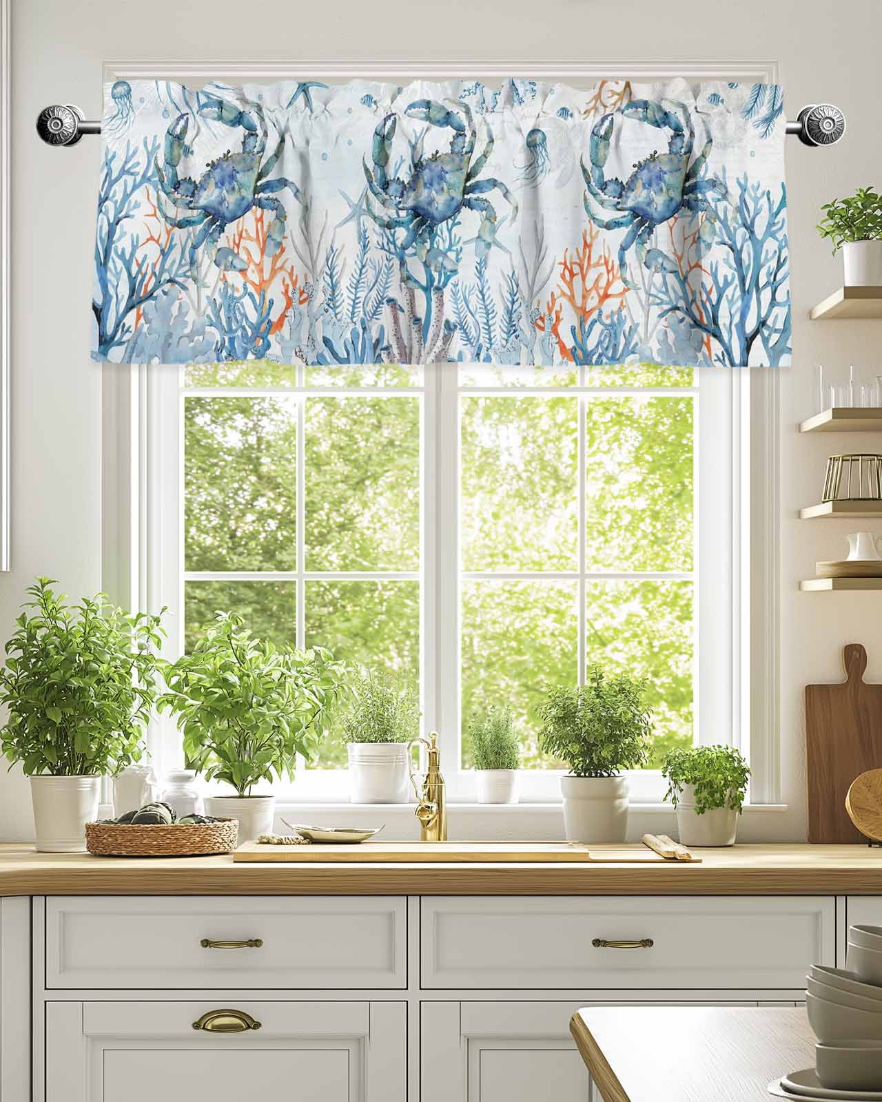 Curtain Valance for Windows,Crab Ocean Coral Starfish Kitchen Valances ...