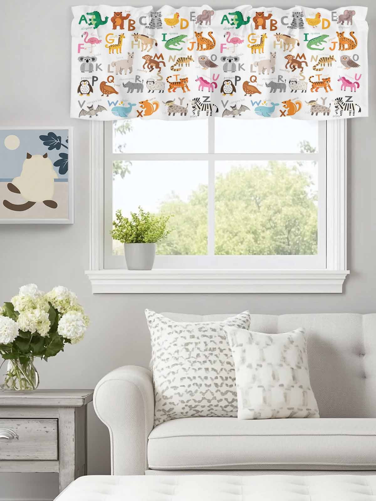 Curtain Valance for Windows, Cute Animal Alphabet Kitchen Valances Rod ...