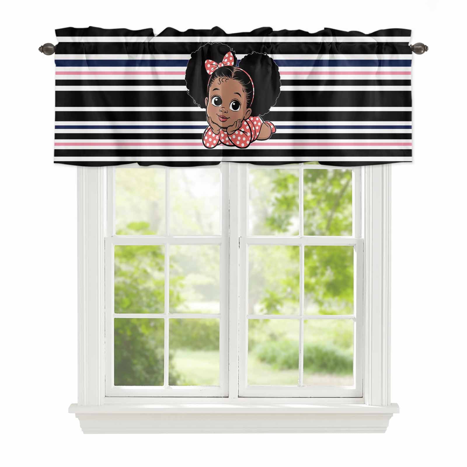Curtain Valance for Windows, Cute Girl on Abstract Stripe Kitchen ...