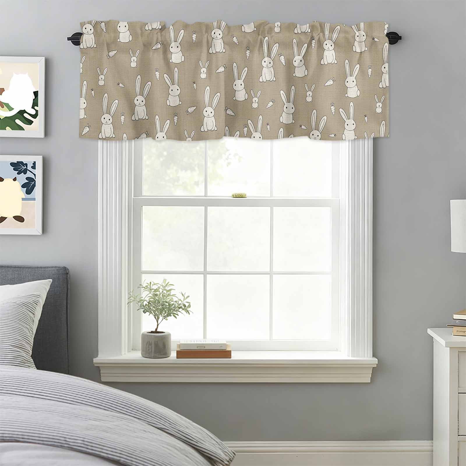 Curtain Valance for Windows, Cute Rabbit Farm Bunny on Brown Kitchen ...