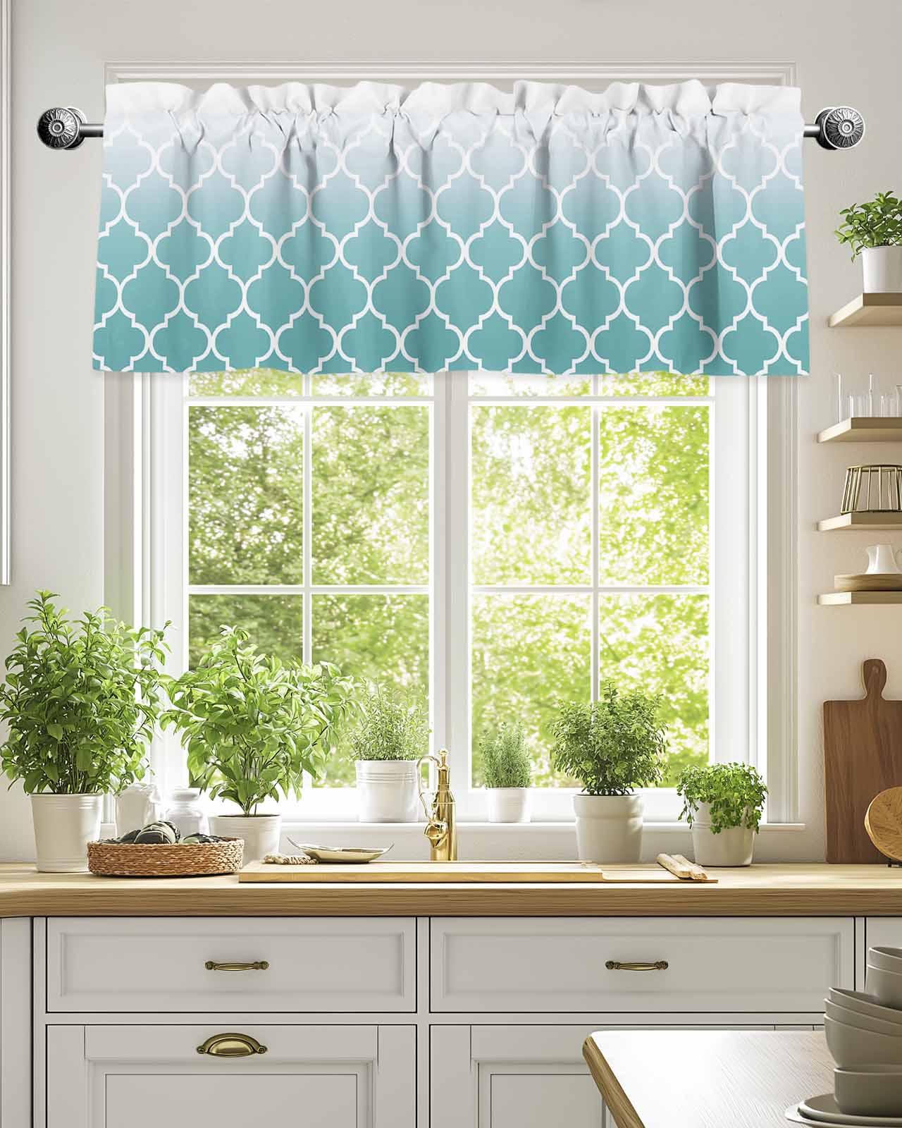 Curtain Valance for Windows,Cyan Gradient Morocco Pattern Kitchen ...