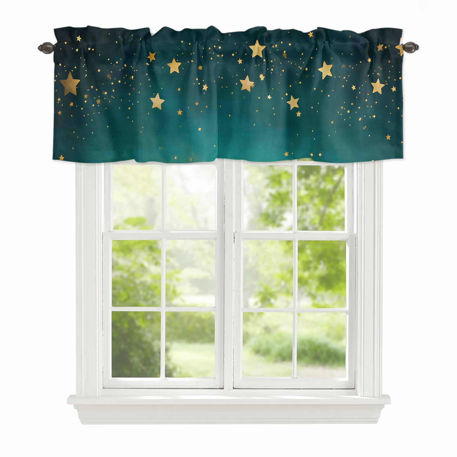 Curtain Valance for Windows, Dream Yellow Star on Teal Blue Kitchen ...
