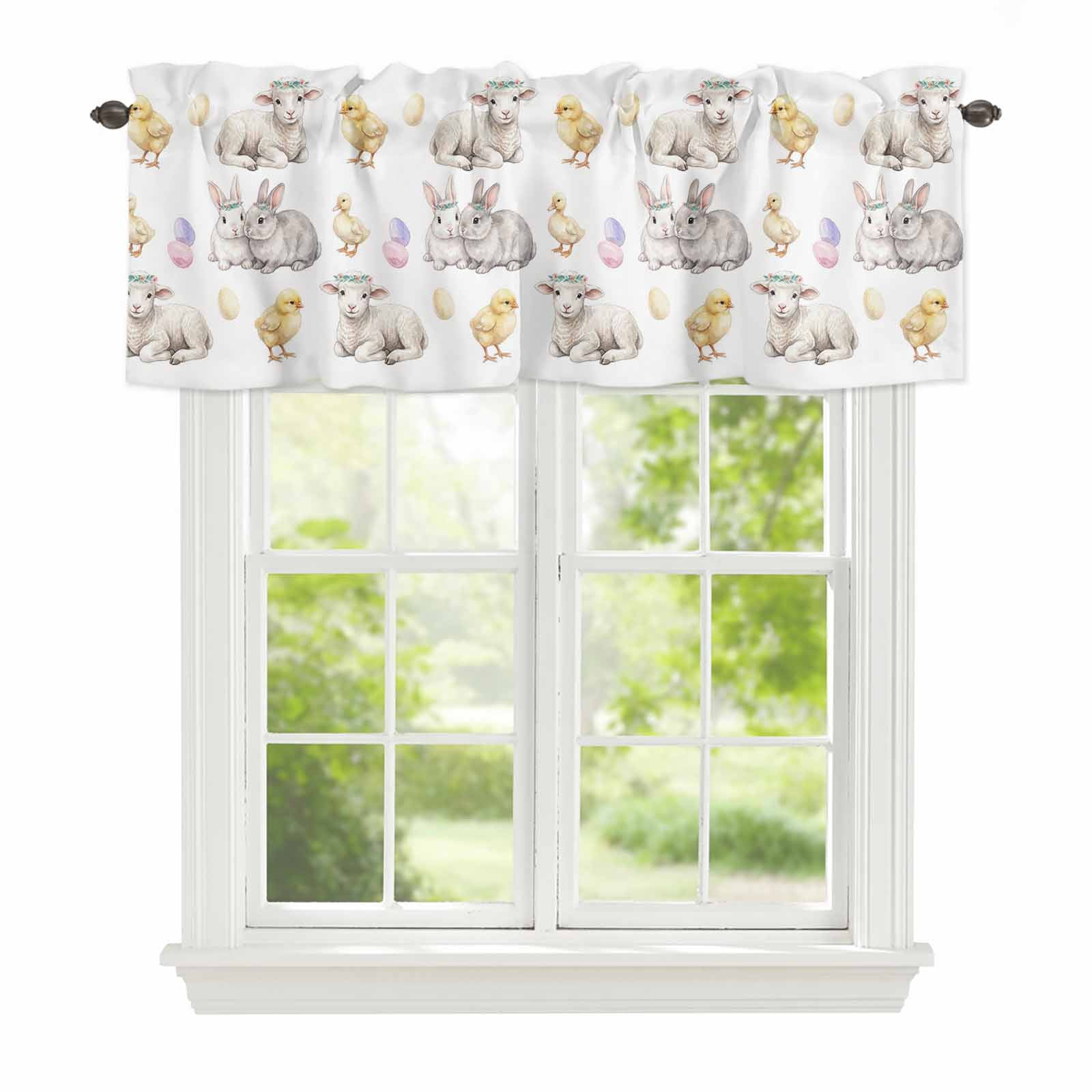 Curtain Valance for Windows, Easter Eggs Rabbit Chick Sheep Kitchen ...