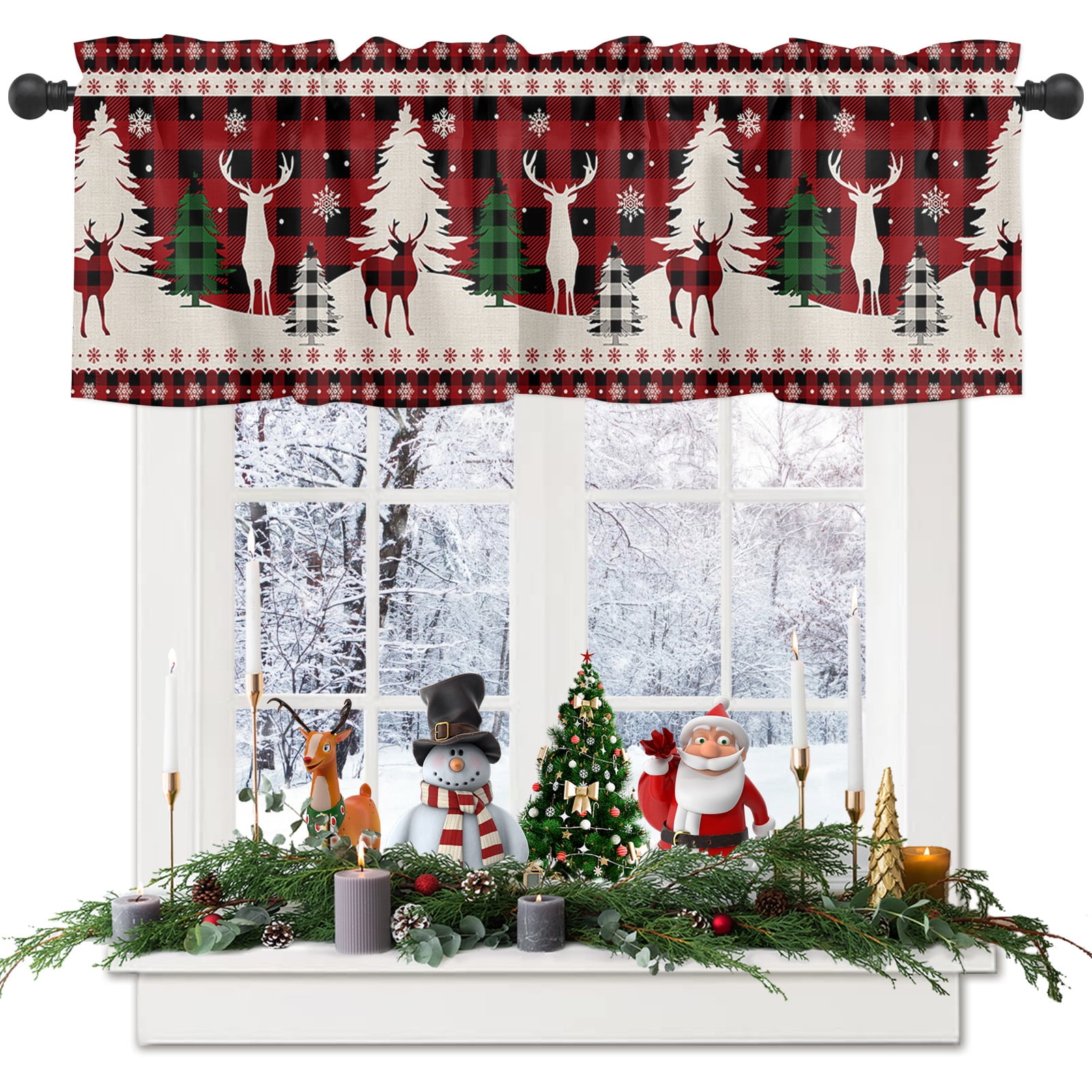 Curtain Valance for Windows Elk Christmas Tree Red Buffalo Plaid ...