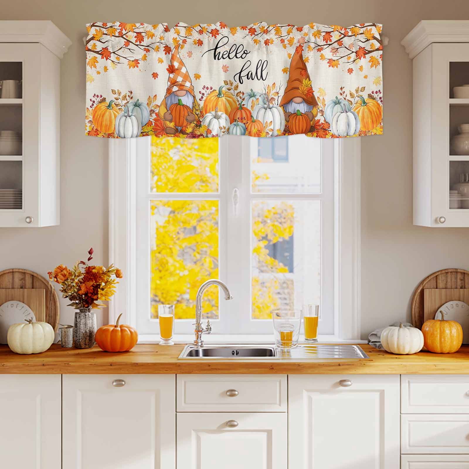 Curtain Valance for Windows, Fall Gnome Orange Maple Leaf Tree Kitchen ...