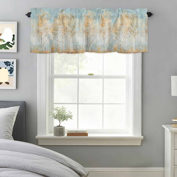 Curtain Valance for Windows, Fall Golden Birch Tree on Blue Kitchen ...