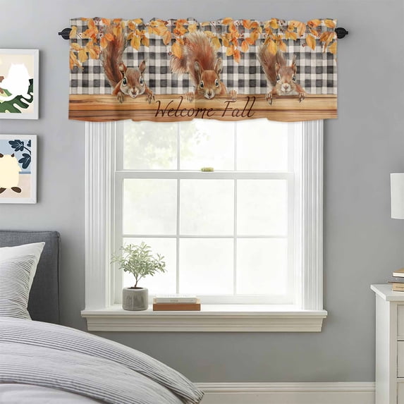 Curtain Valance for Windows, Fall Leaves Squirrel Thanksgiving Farm ...