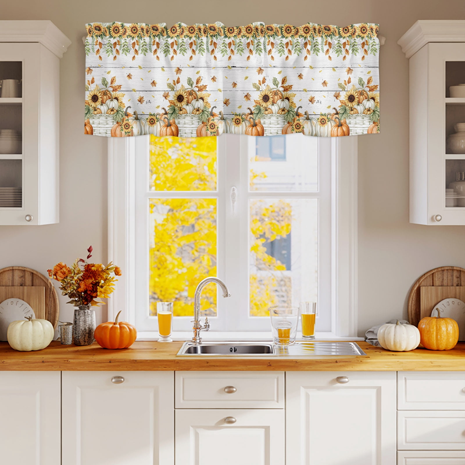 Curtain Valance for Windows, Fall Sunflower Thanksgiving Pumpkins ...
