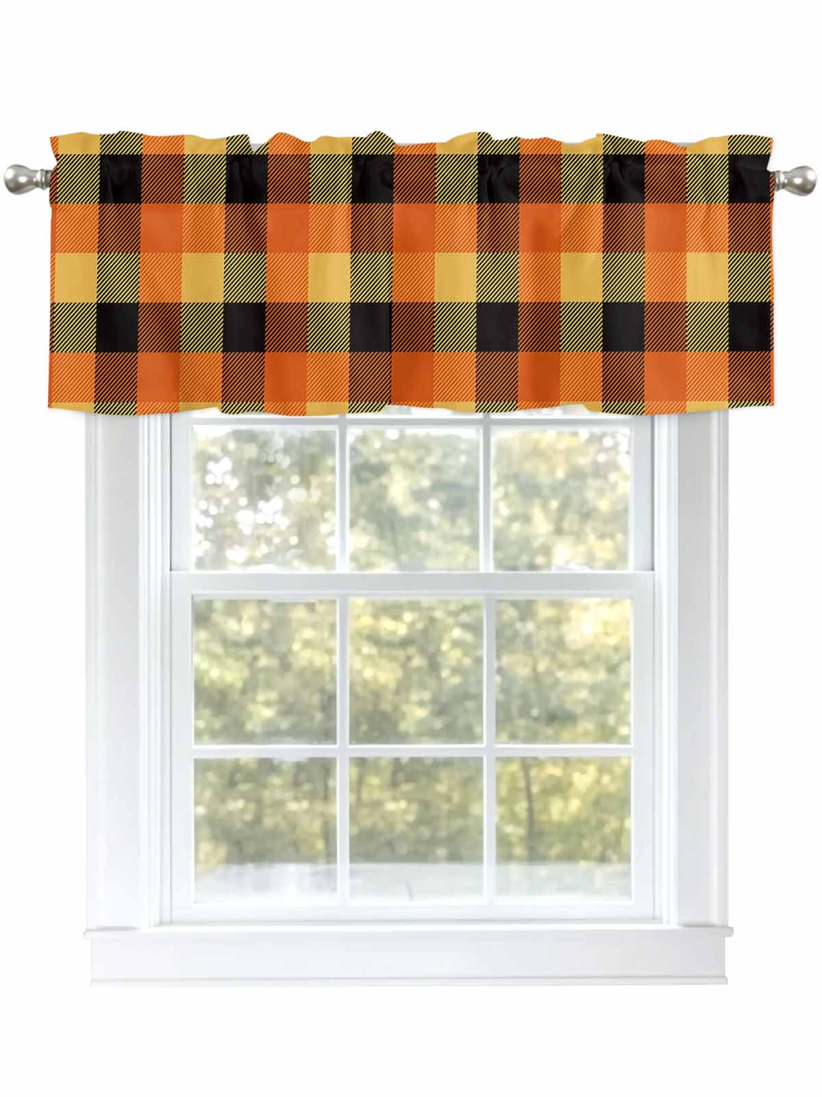 Curtain Valance for Windows,Fall Thanksgiving Day Orange Yellow Check ...
