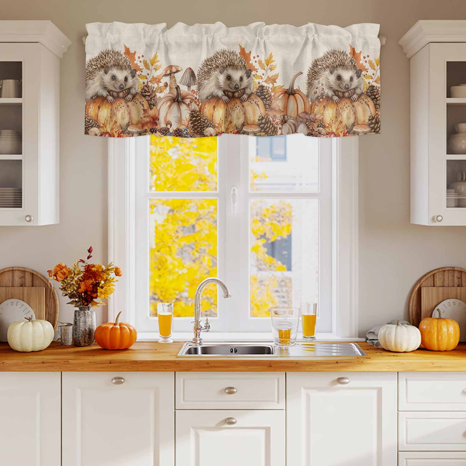 Curtain Valance for Windows,Fall Thanksgiving Pumpkin Hedgehog Kitchen ...