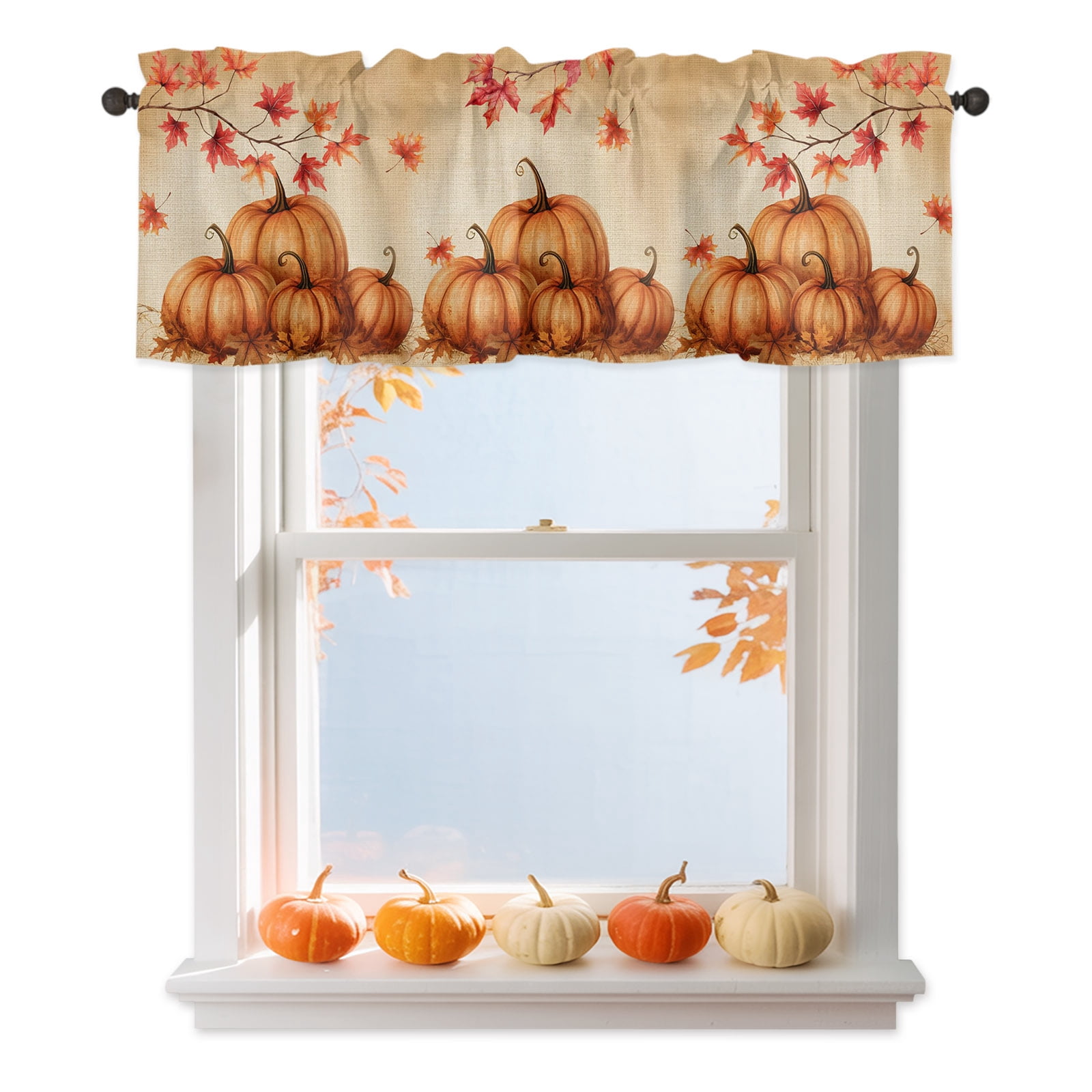 Curtain Valance for Windows, Fall Thanksgiving Pumpkin Maple Leaf ...