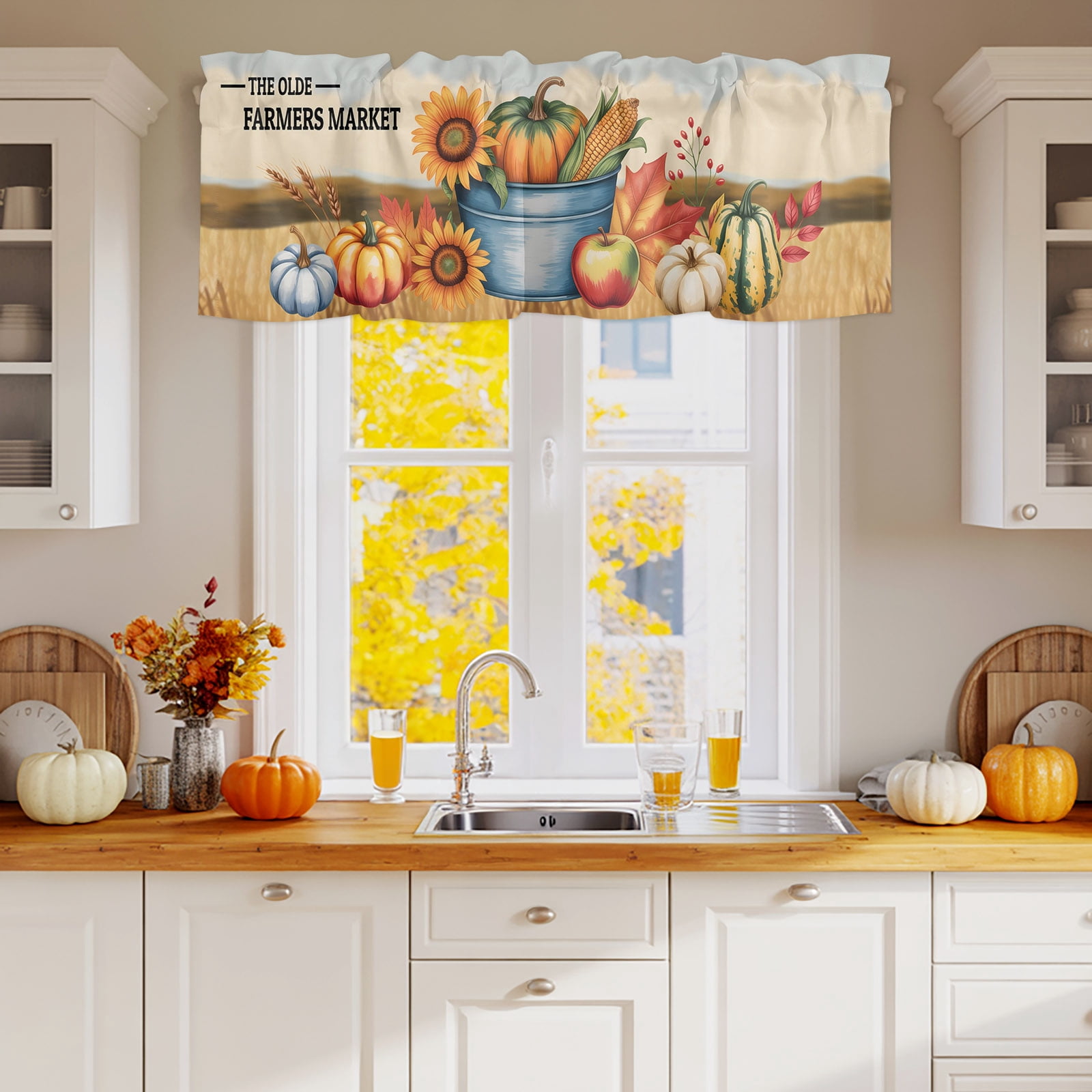Curtain Valance for Windows, Fall Thanksgiving Pumpkin Sunflower ...