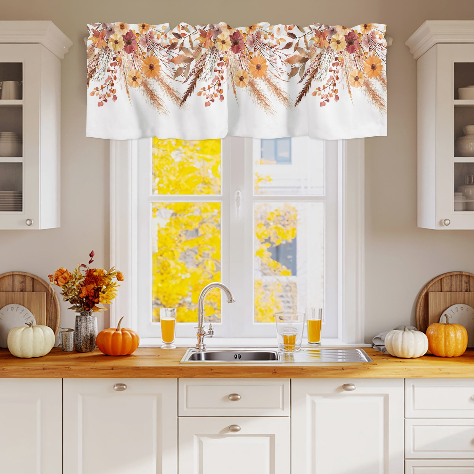 Curtain Valance for Windows, Fall Watercolor Farm Flowers Reed Kitchen ...