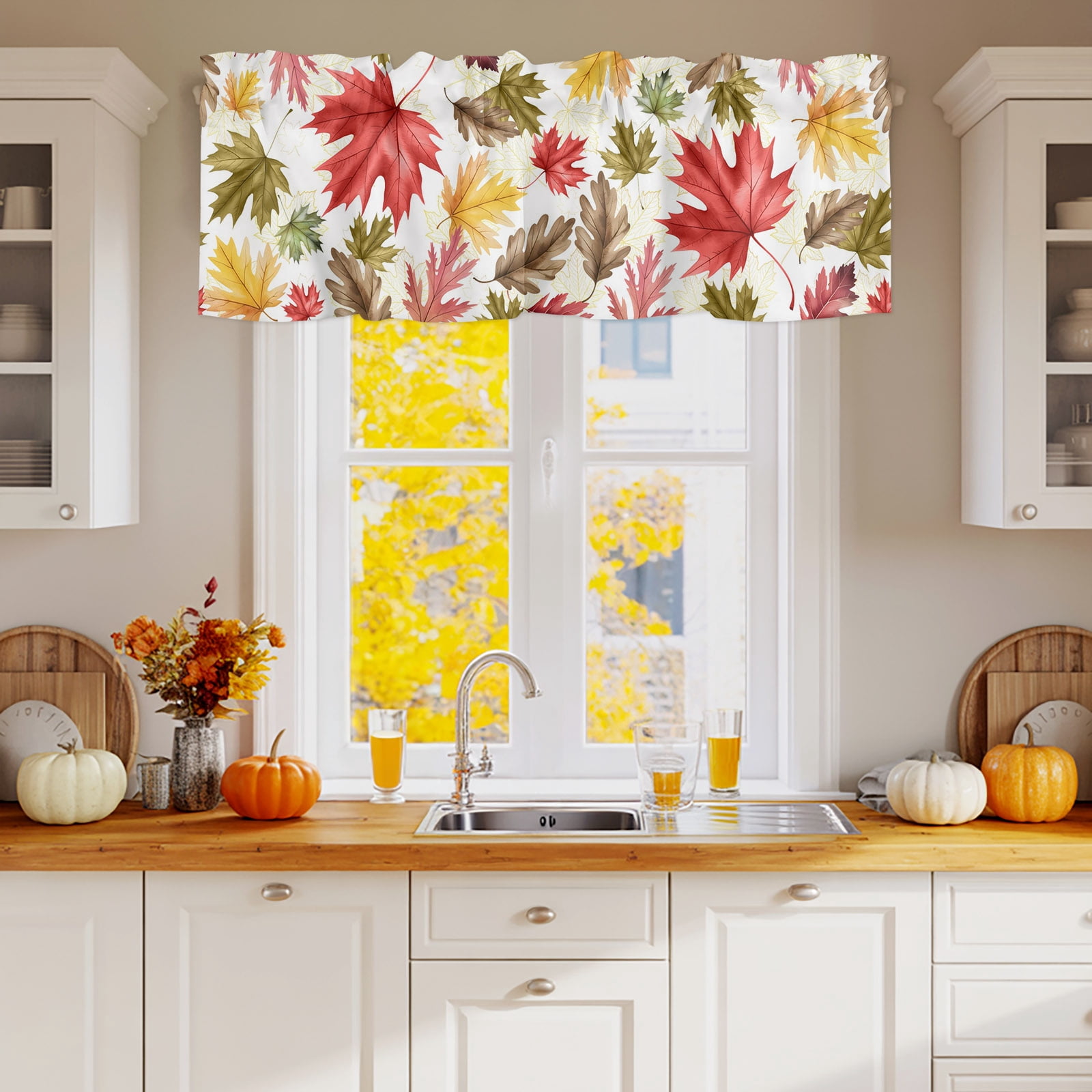Curtain Valance for Windows, Fall Watercolor Maple Leaf Seamless ...