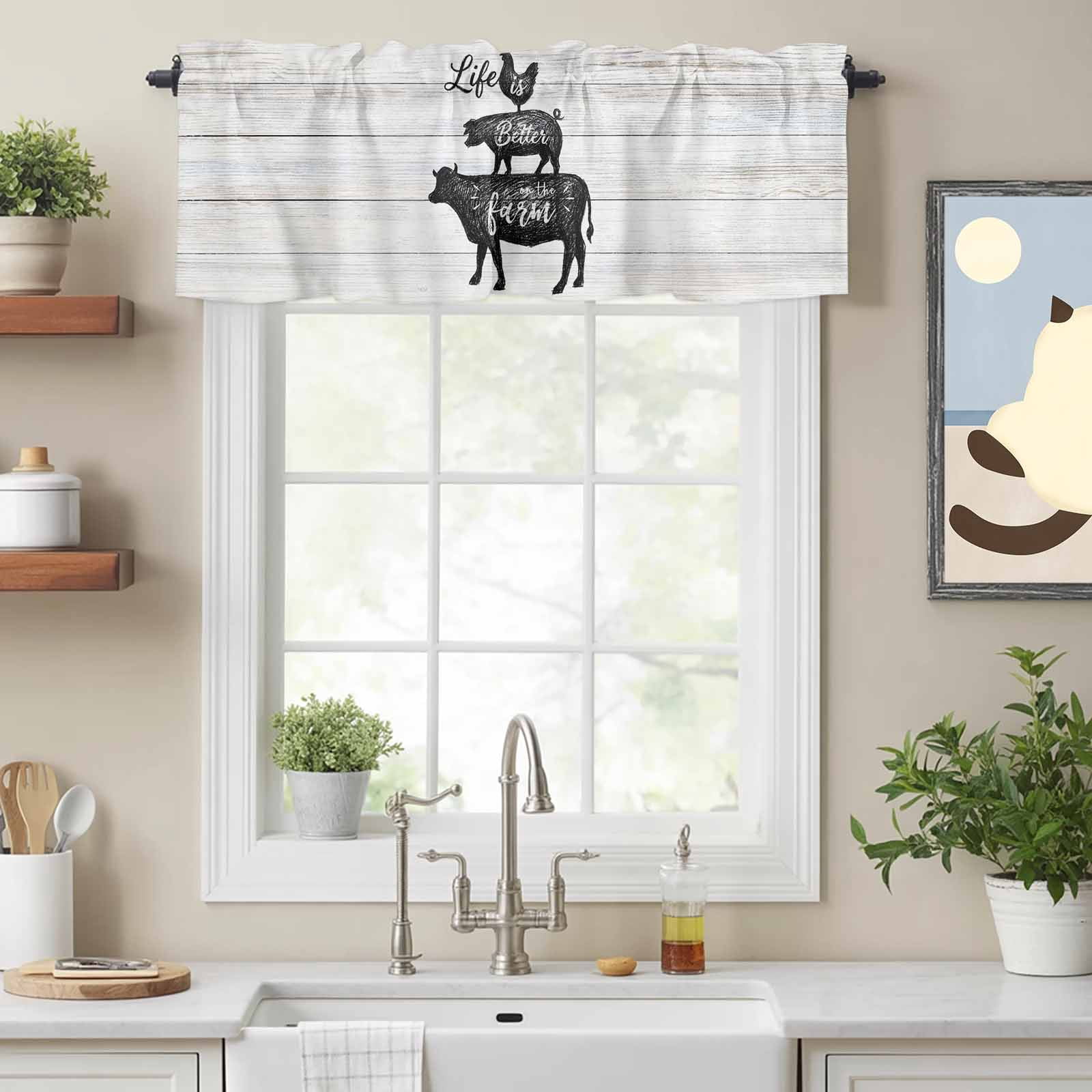 Curtain Valance for Windows, Farm Animal Silhouette Wood Grain Kitchen ...