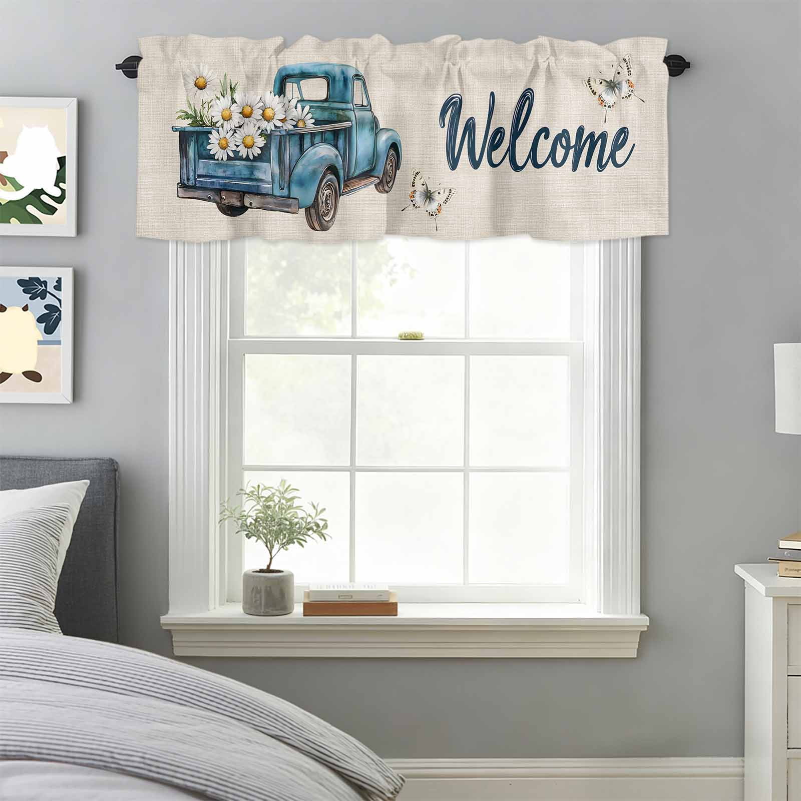 Curtain Valance for Windows, Farm Blue Truck Daisy Flower Butterfly ...