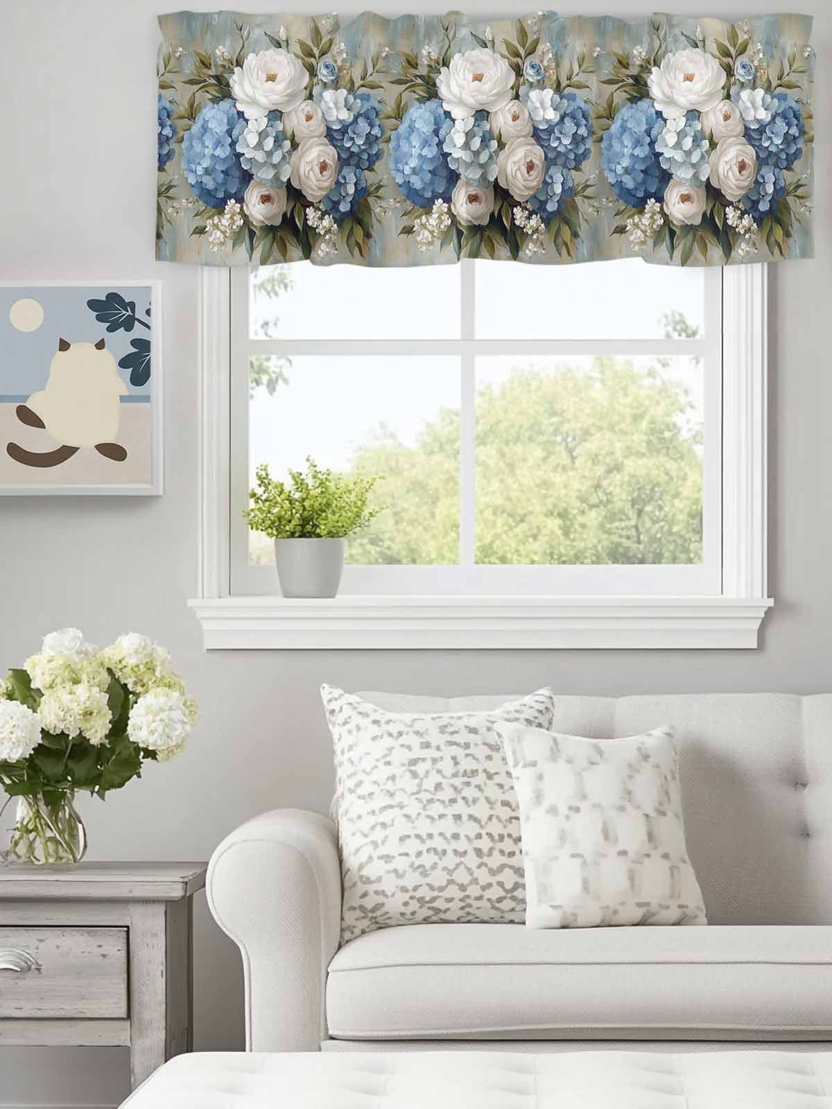 Curtain Valance for Windows,Farm Blue White Hydrangea Kitchen Valances ...
