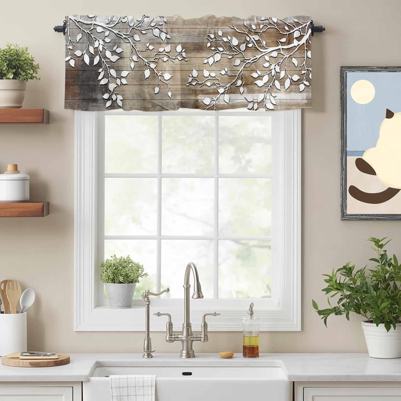 Curtain Valance for Windows, Farm Branches Silhouette Leaves Kitchen ...