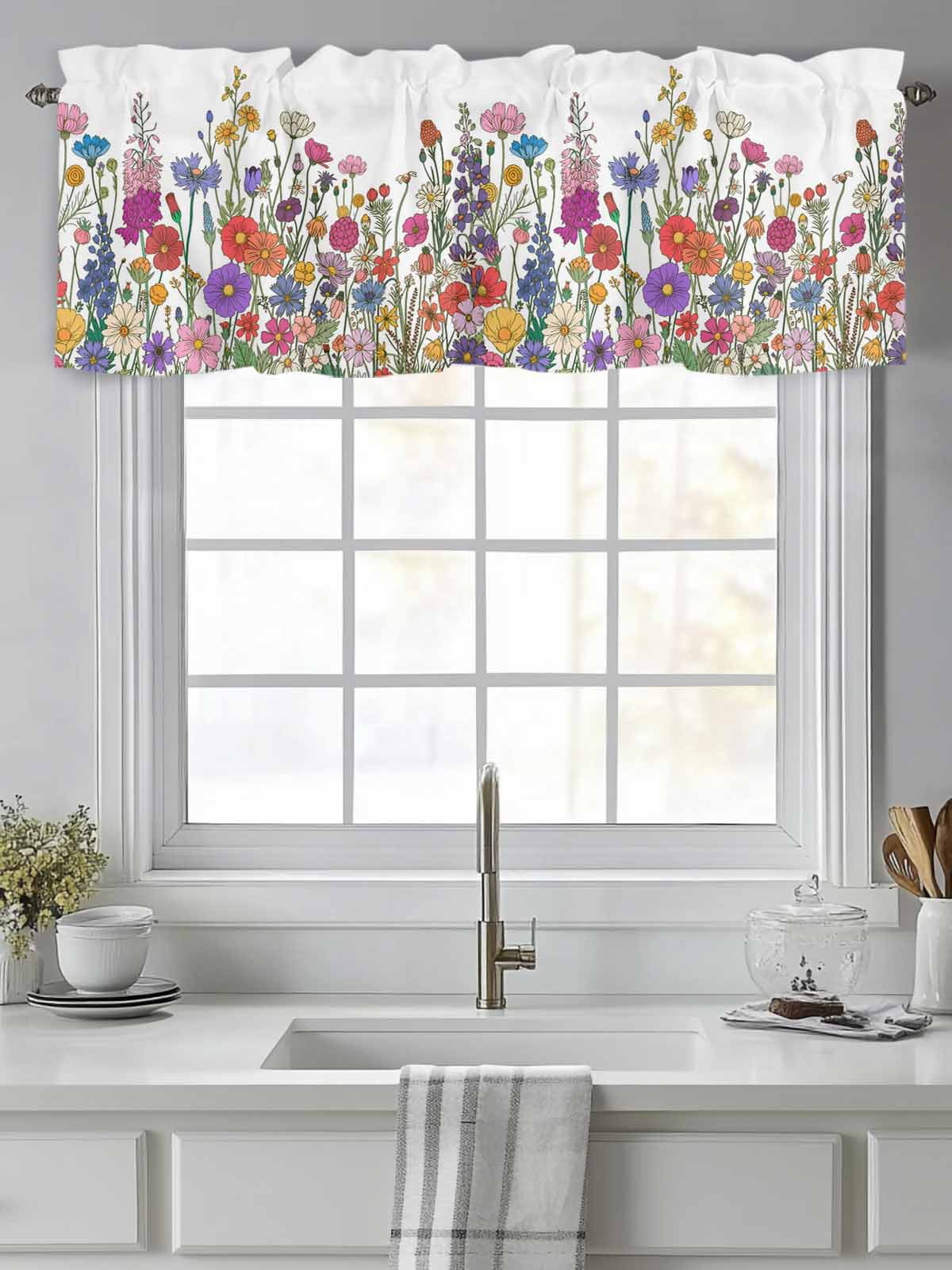 Curtain Valance for Windows,Farm Colorful Flower Leaves Watercolor ...