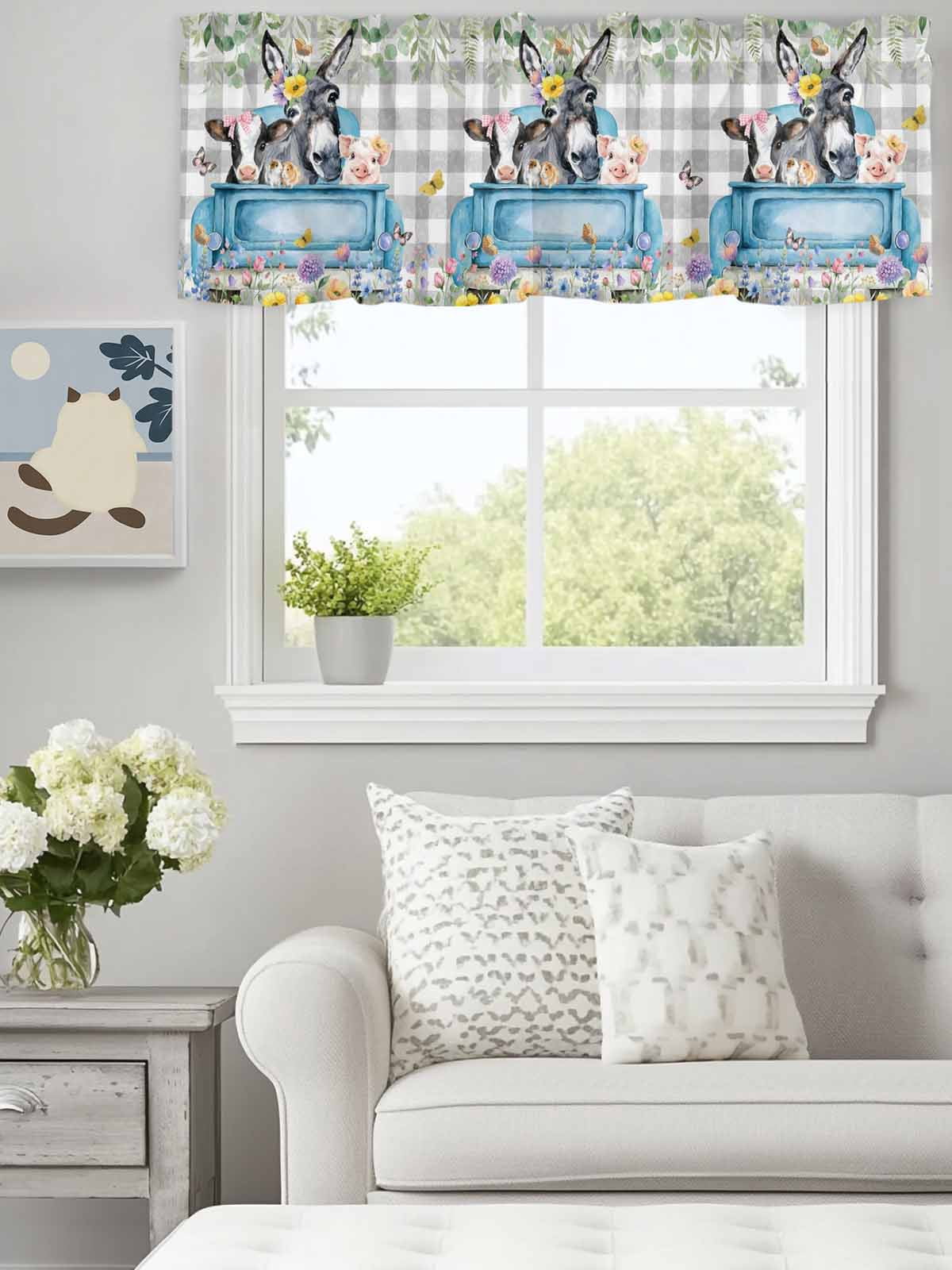 Curtain Valance for Windows, Farm Donkeys Pigs Cows Kitchen Valances ...