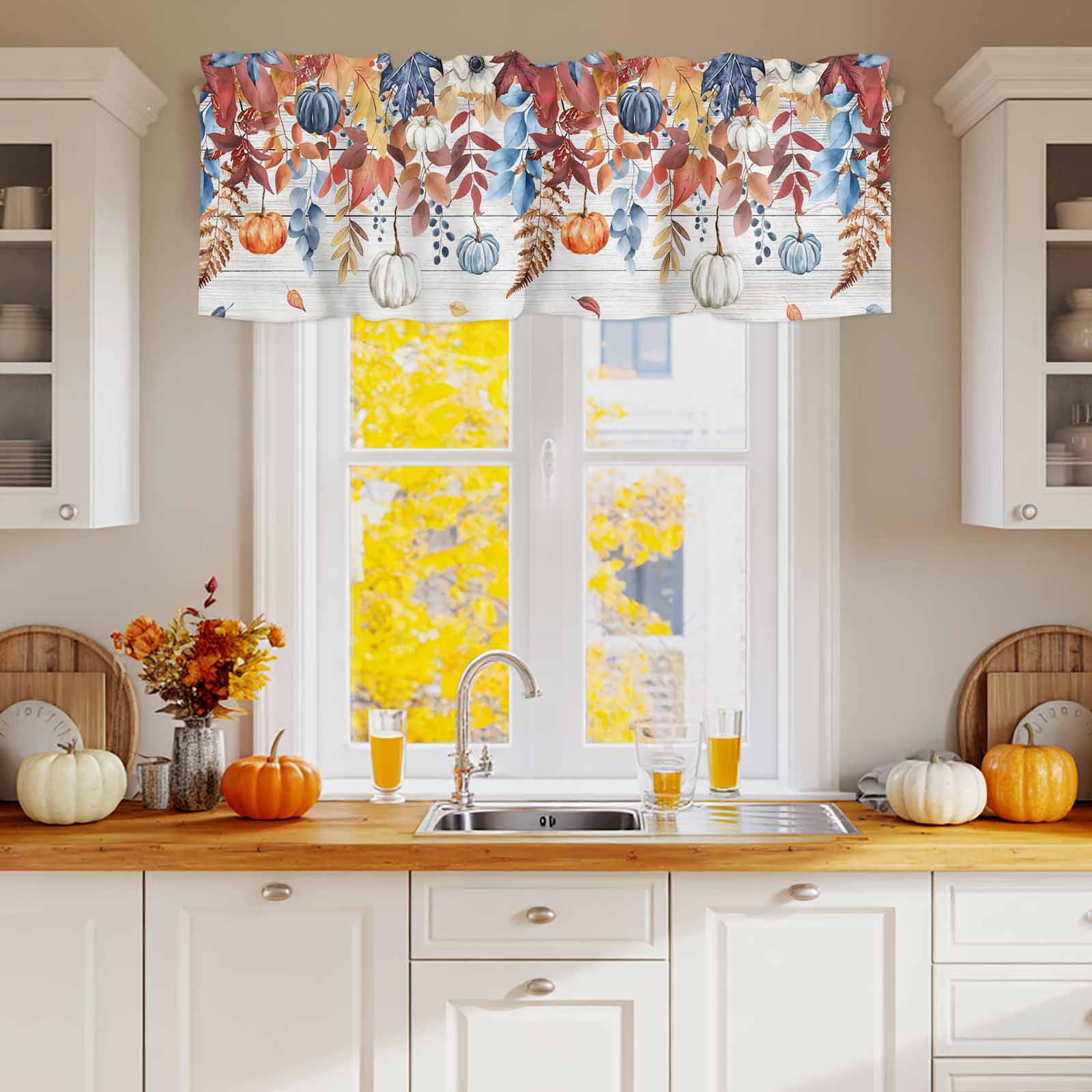 Curtain Valance for Windows, Farm Eucalyptus Leaves Pumpkins Kitchen ...