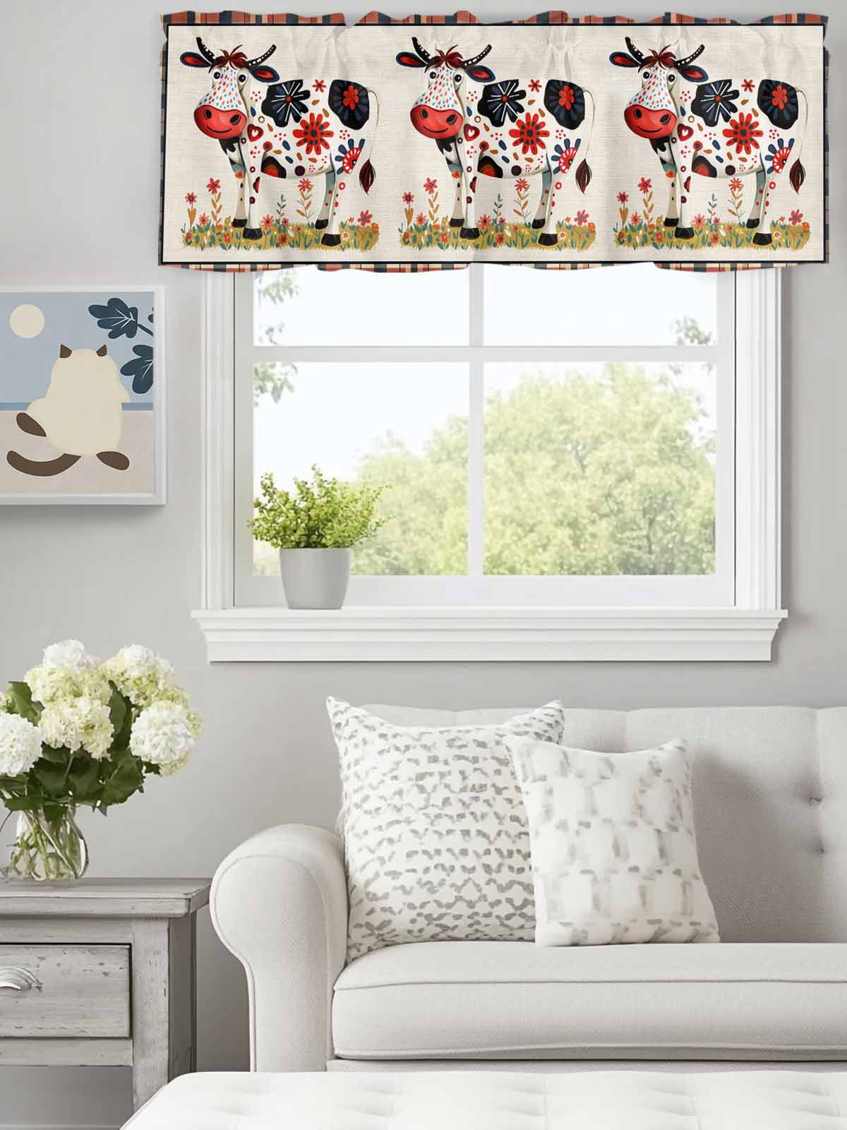 Curtain Valance for Windows, Farm Funny Cow with Floral Kitchen ...
