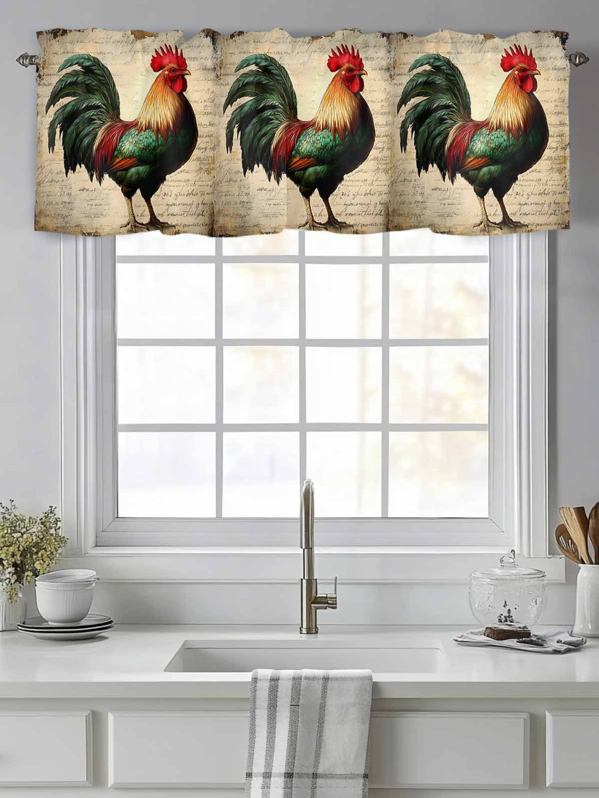 Curtain Valance for Windows,Farm Rooster Watercolor Animal Kitchen ...