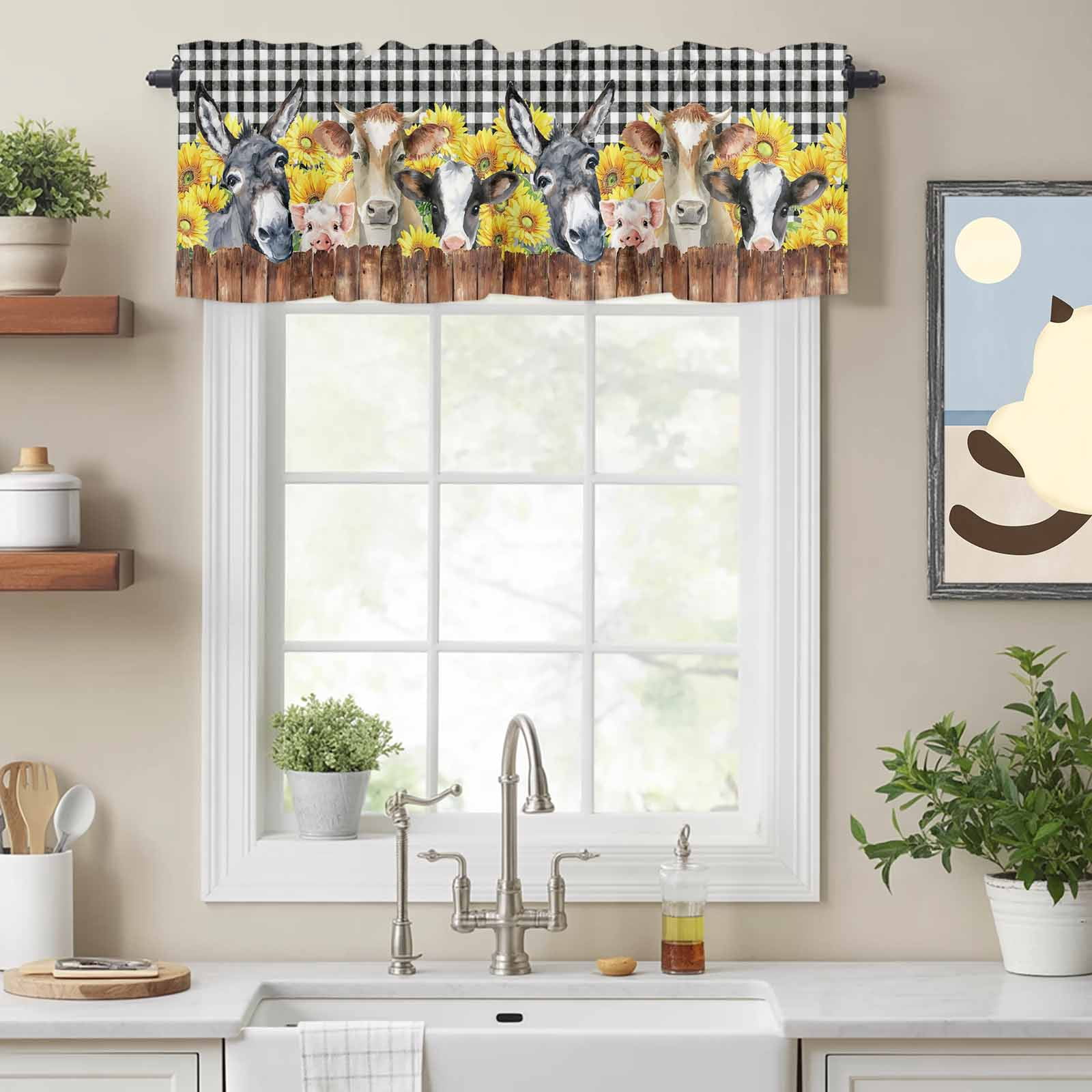 Curtain Valance for Windows, Farm Sunflower Pigs Cows Donkeys Kitchen ...
