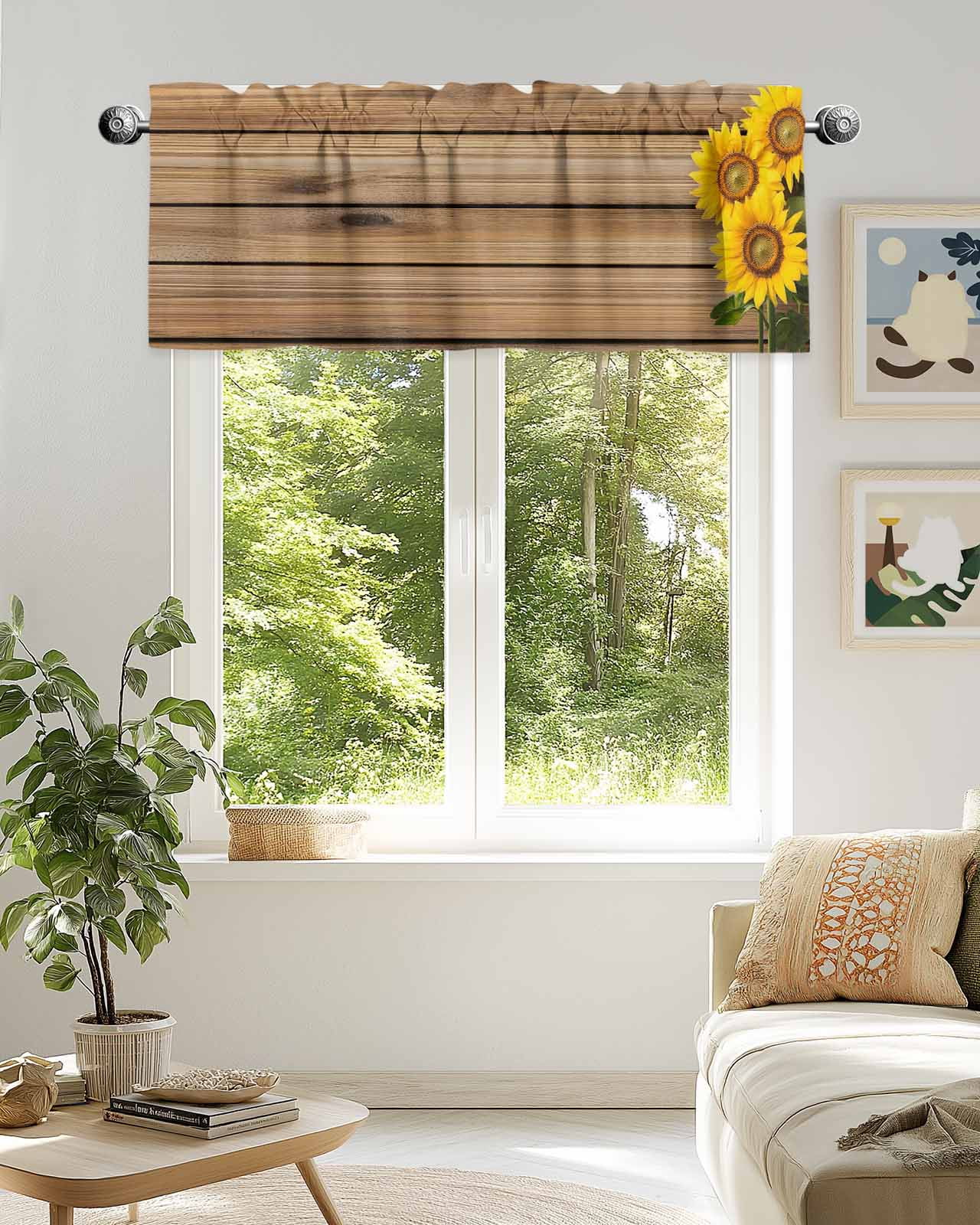 Curtain Valance for Windows,Farm Sunflower on Vintage Wood Grain ...