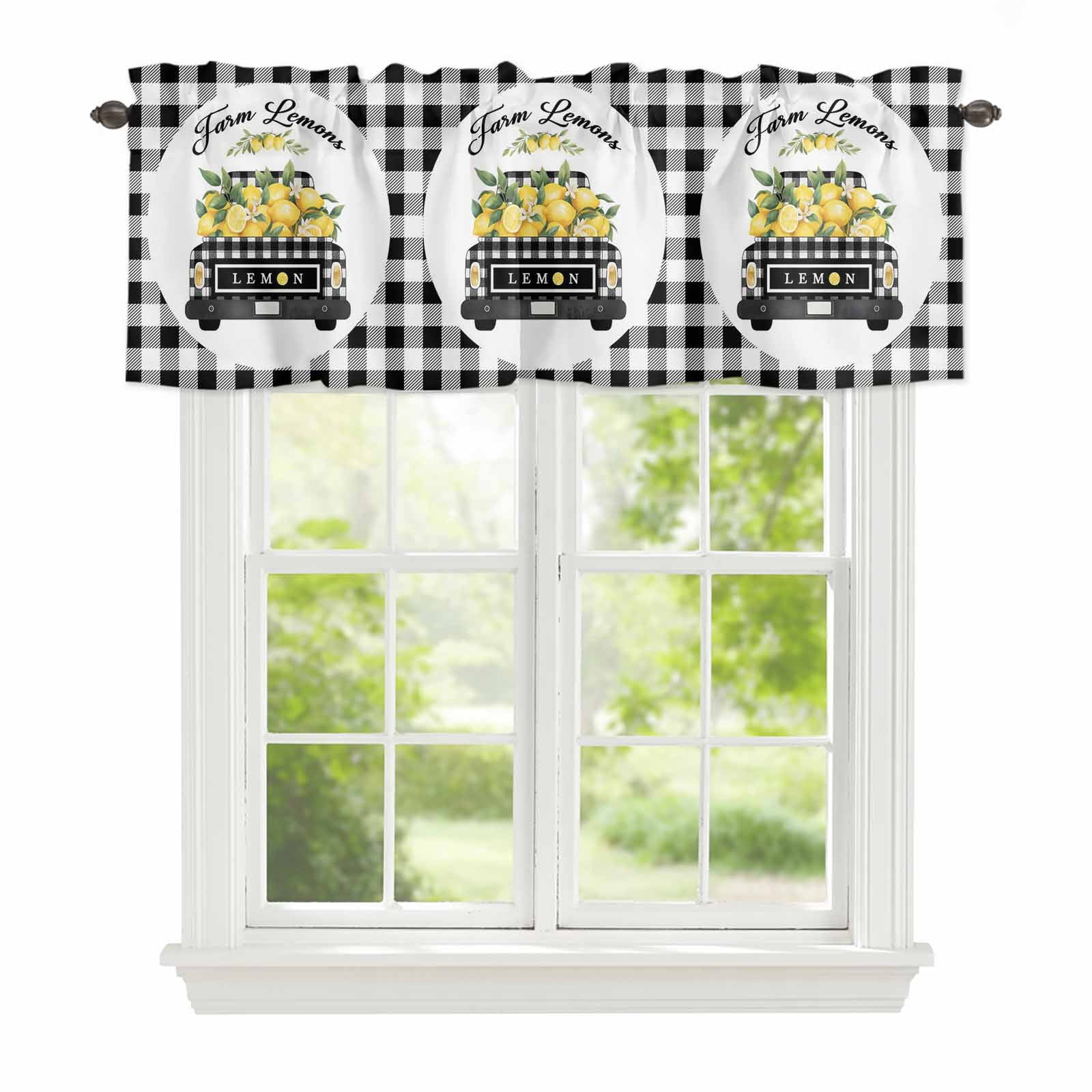 Curtain Valance for Windows, Farmhouse Plaid Truck Lemon Kitchen ...