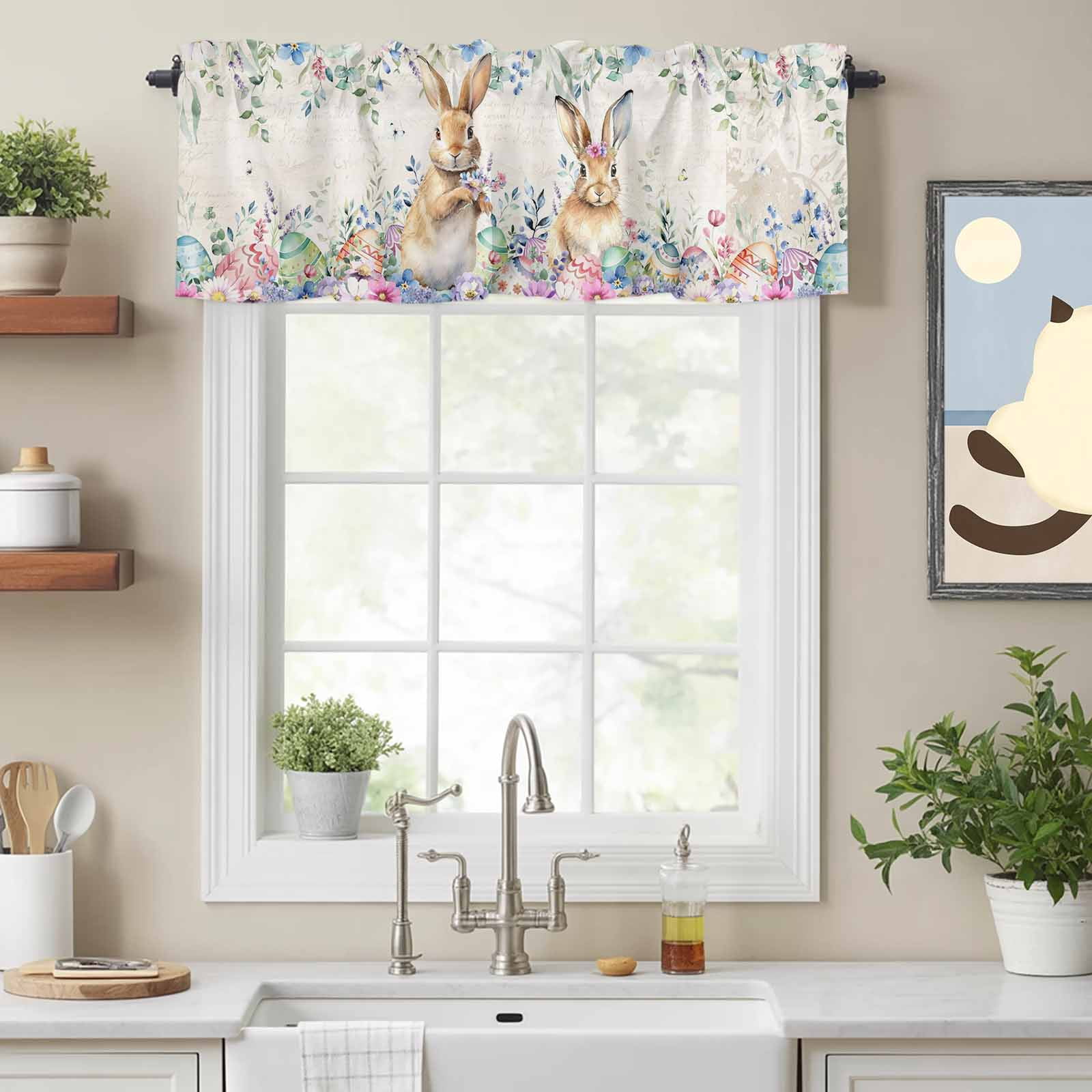 Curtain Valance for Windows, Farmhouse Rabbit Flower Leaf Kitchen ...